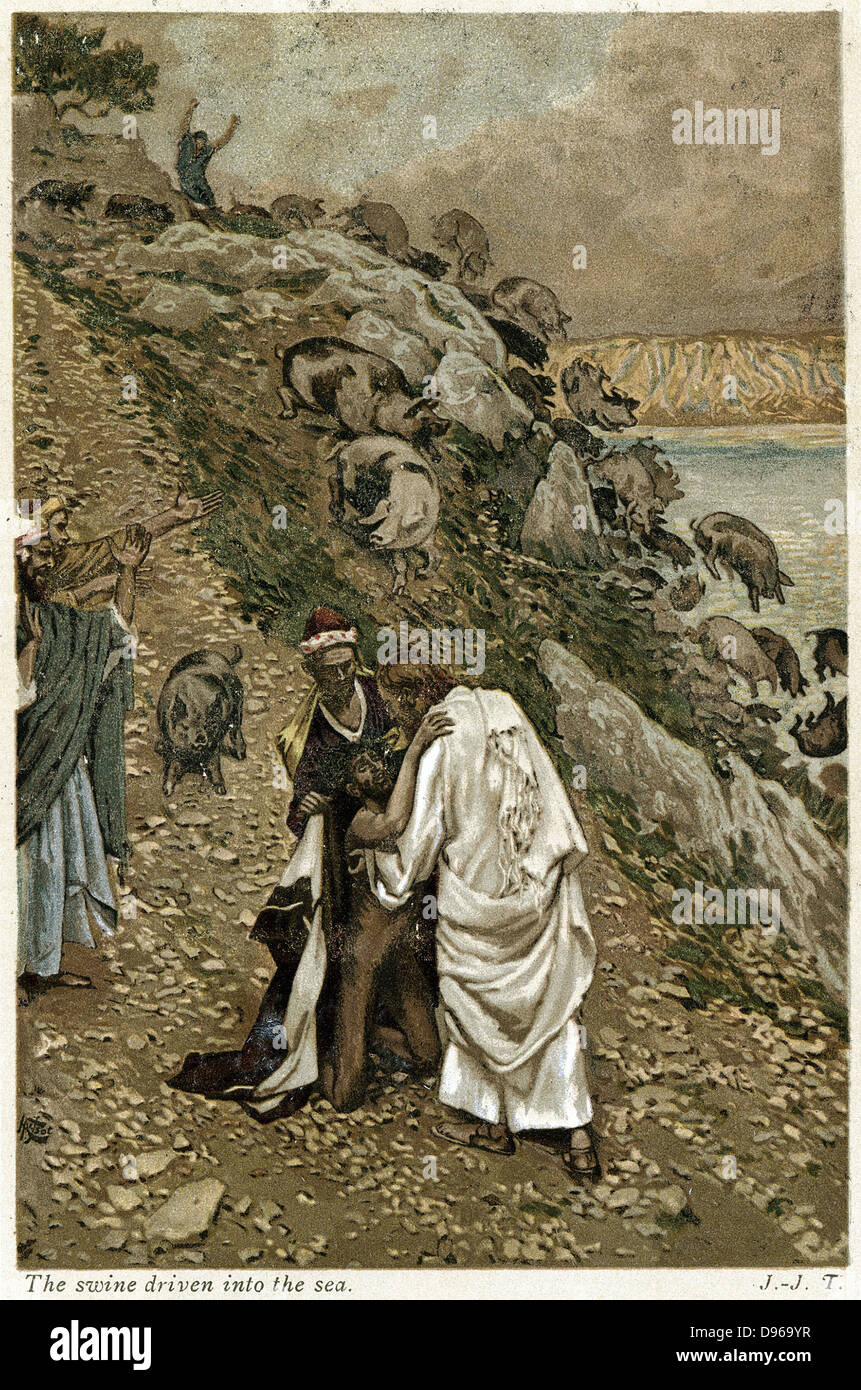Jesus casting devils out of kneeling man, and putting them into ...