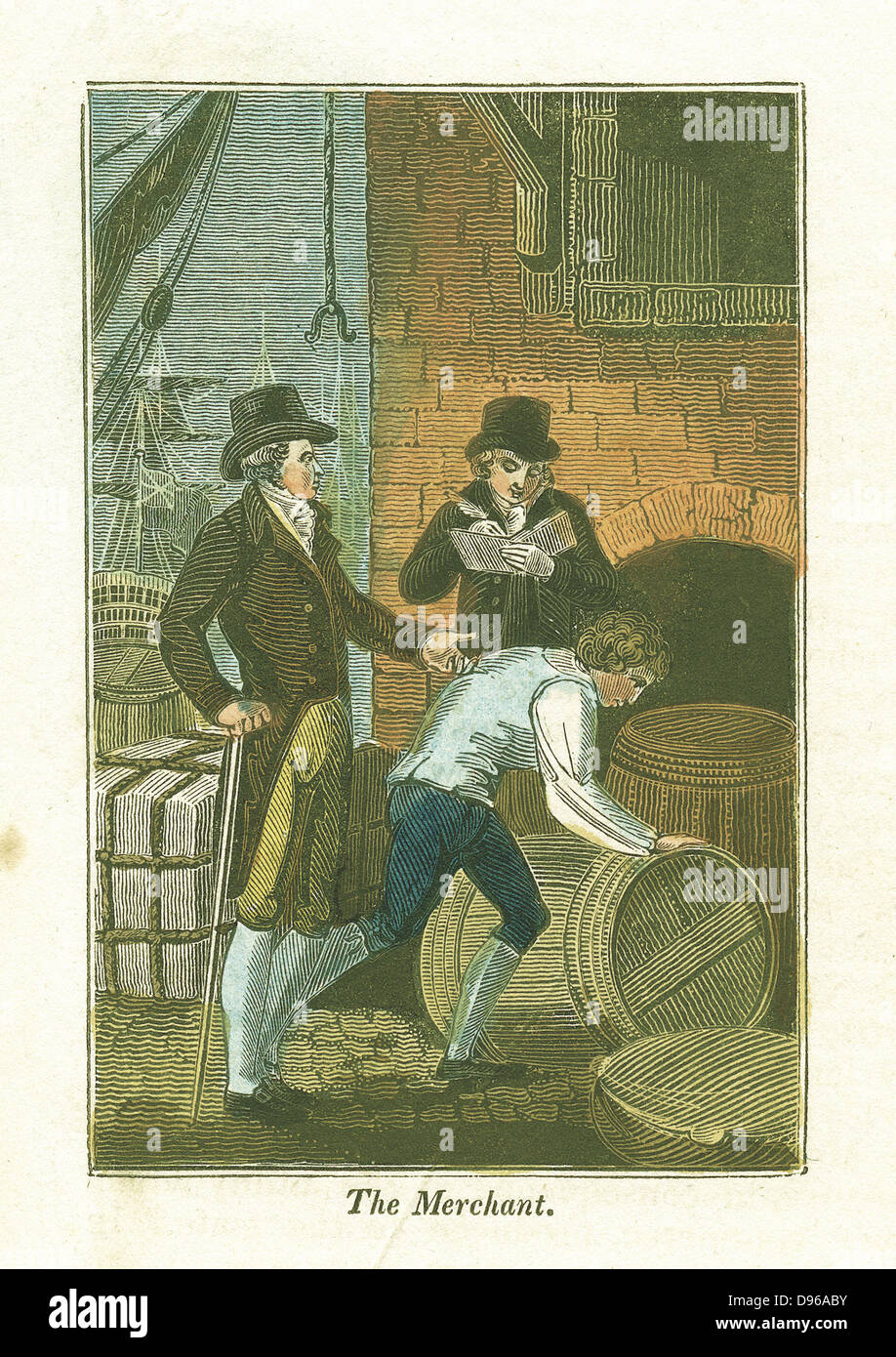 Merchant and his clerk at the dockside checking goods at warehouse ...