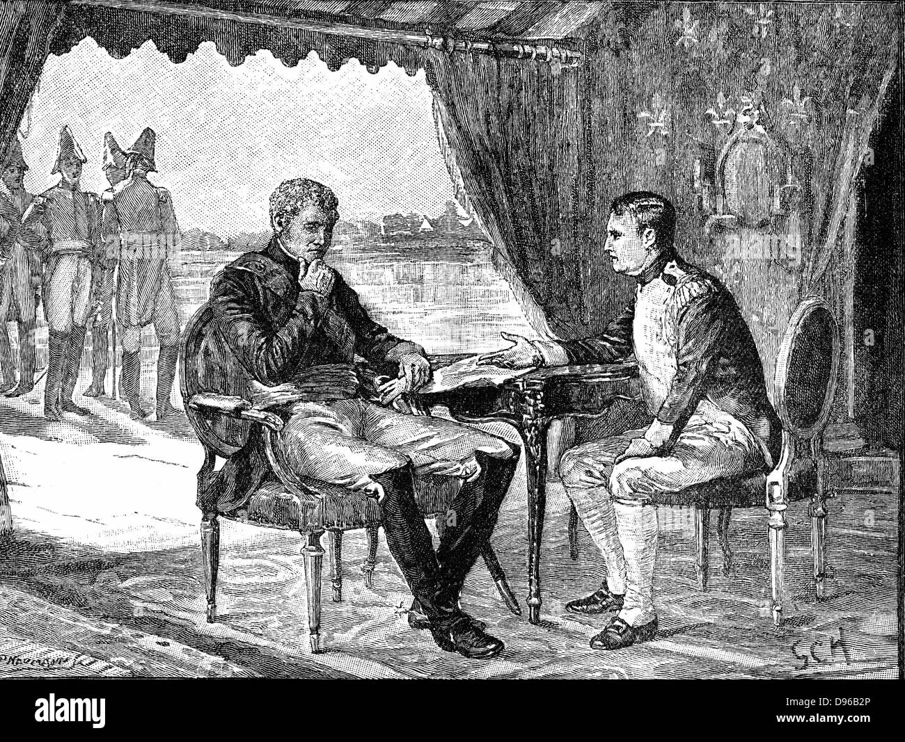 Alexander I Russia and Napoleon I (Bonaparte) of France meeting on a ...