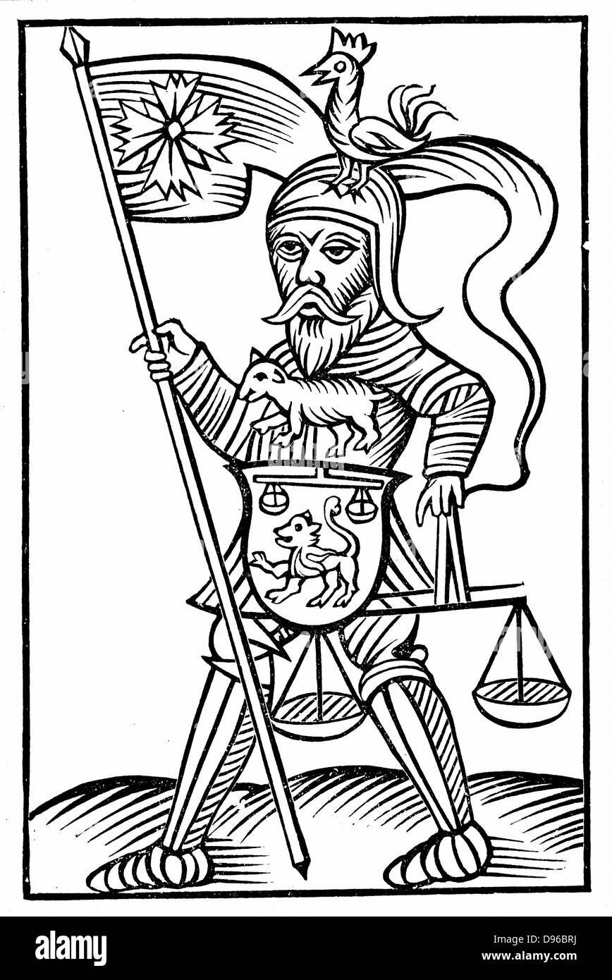 Saxon god Hermensul (Irmensul) in armour and carrying scales, presiding ...