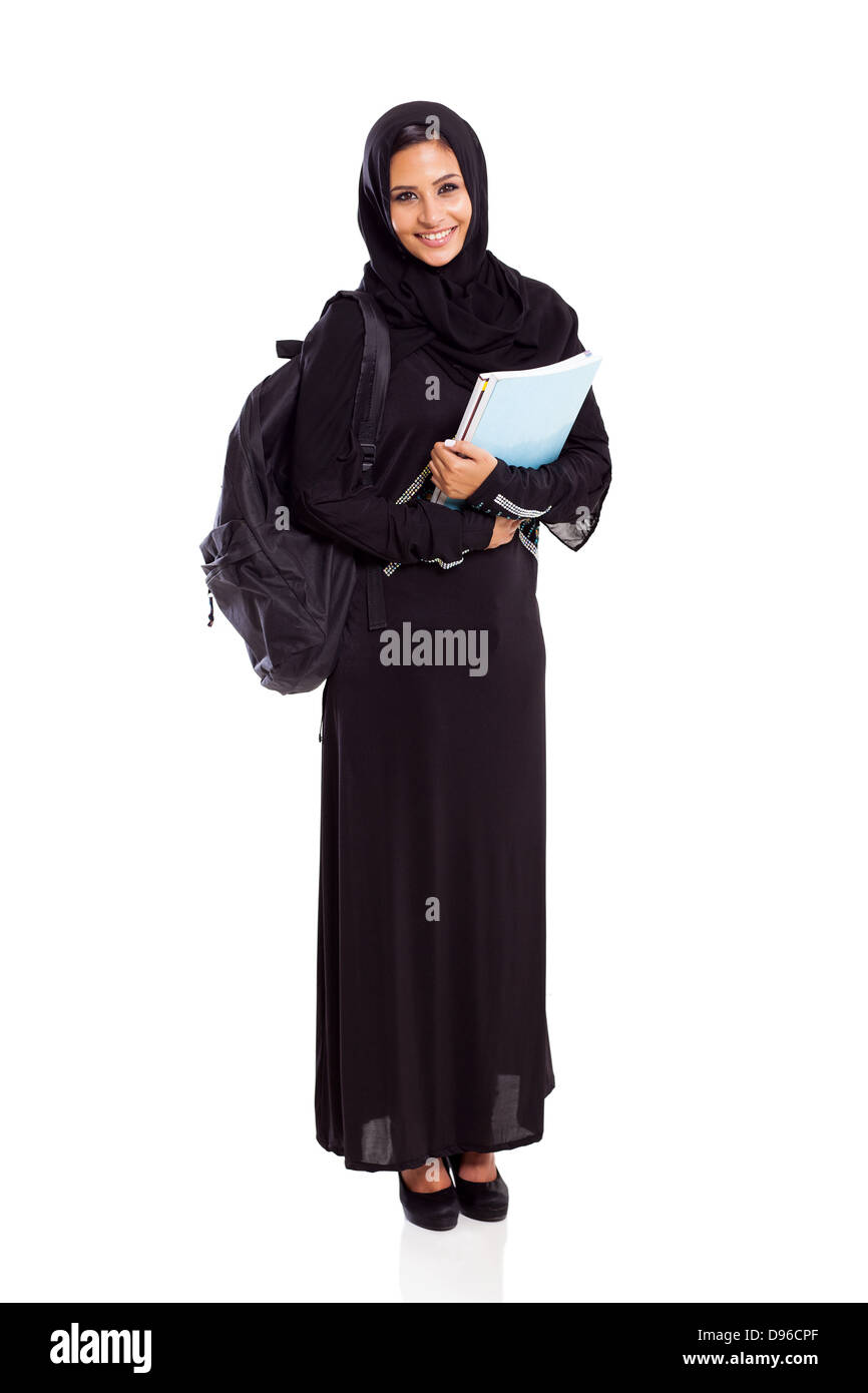 pretty female Arabian university student full length isolated on white ...
