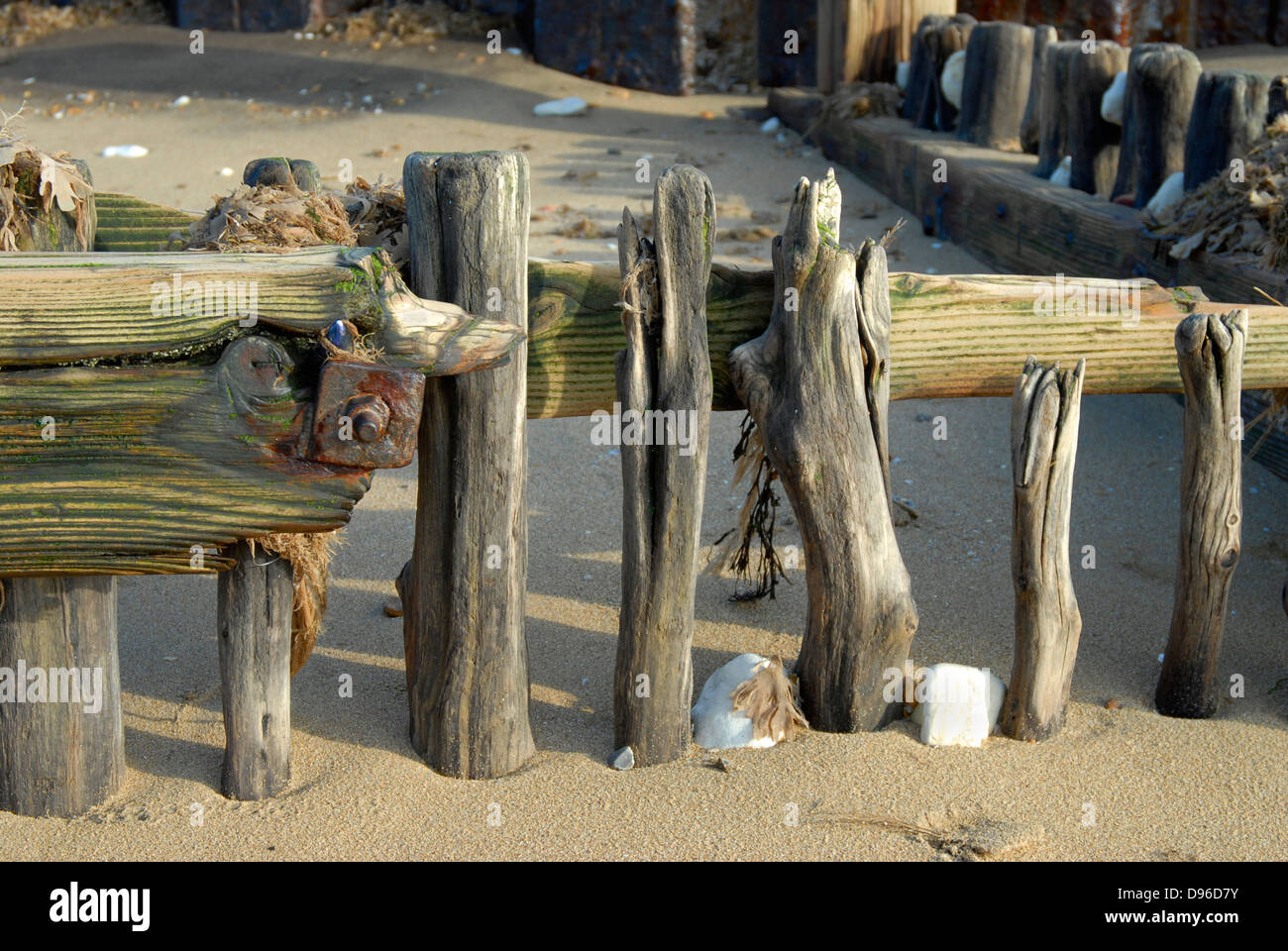 Beach detail, timber breakers on a Norfolk Beach near Hunstanton Stock ...