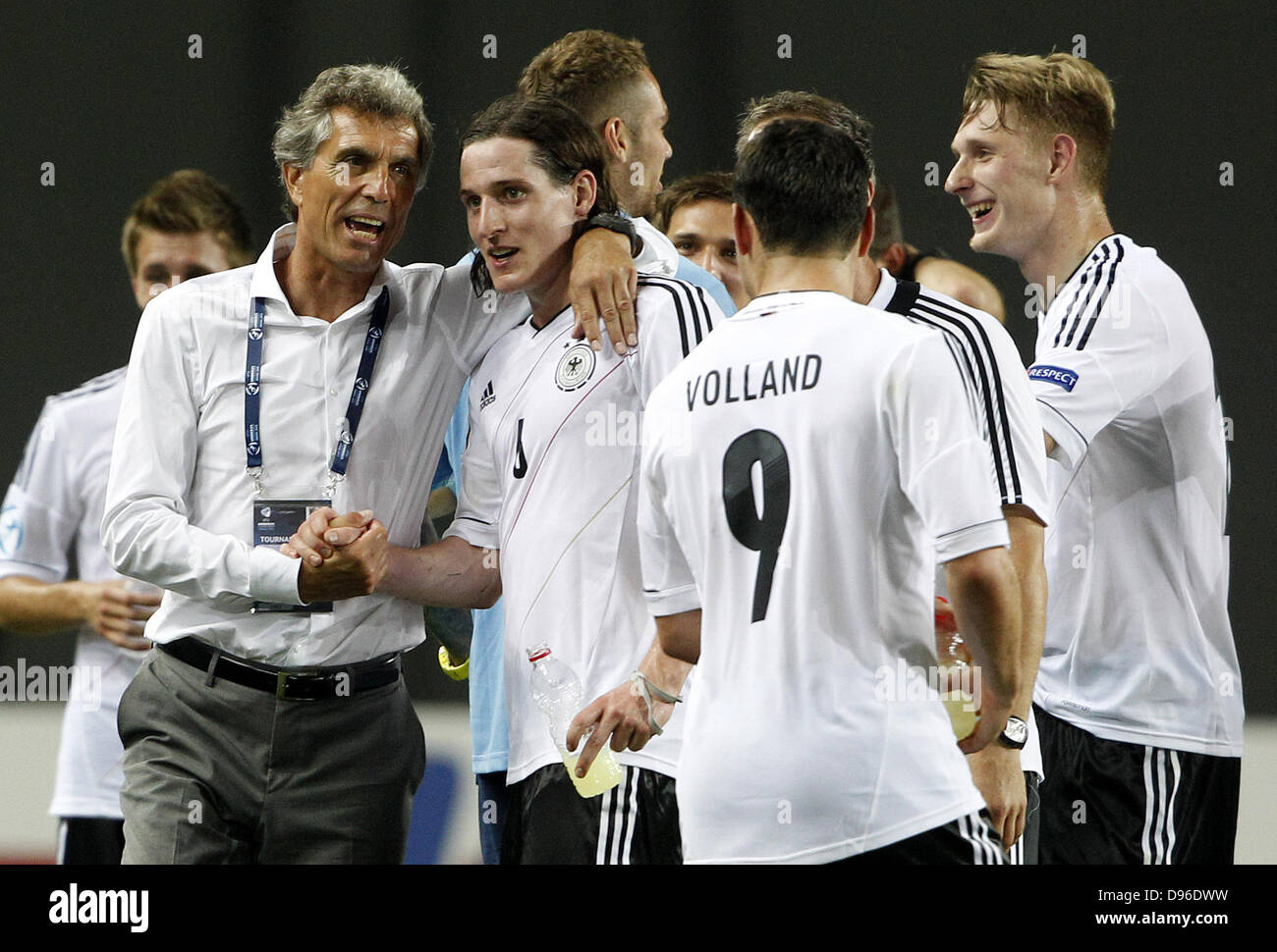 Germany's head coach Rainer Adrion (L-R) celebrates with Sebastian Rudy ...