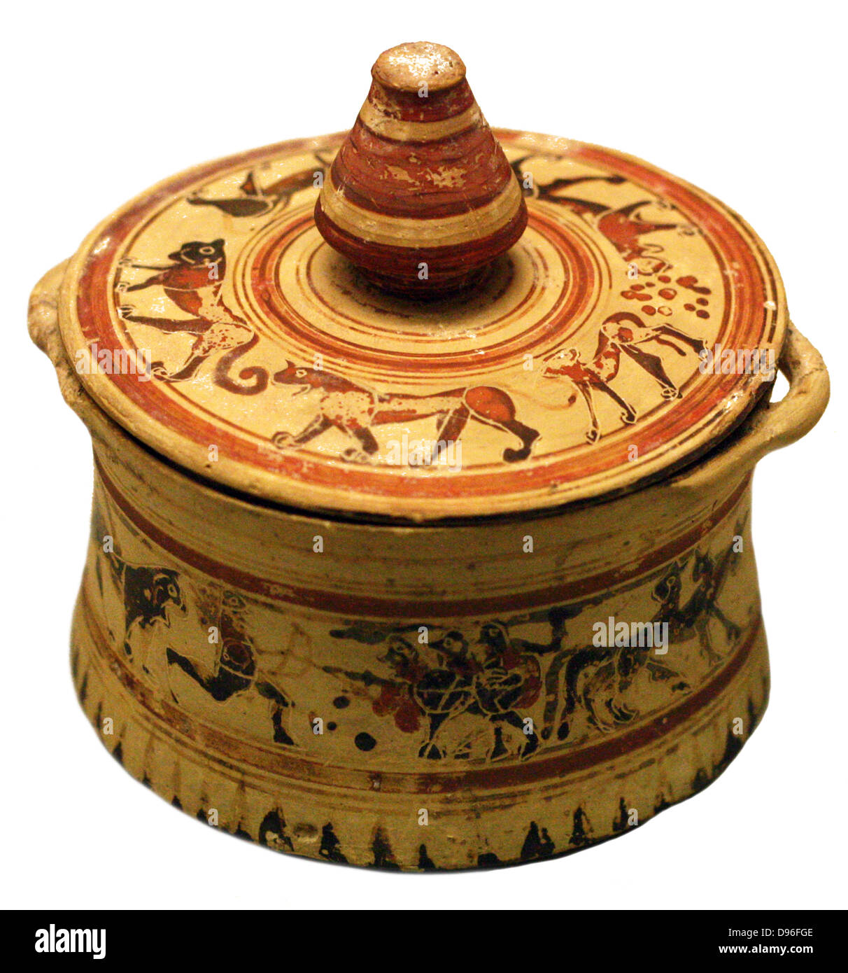 Greek cosmetic box, or 'pyxis' depicting Heracles fighting triple ...