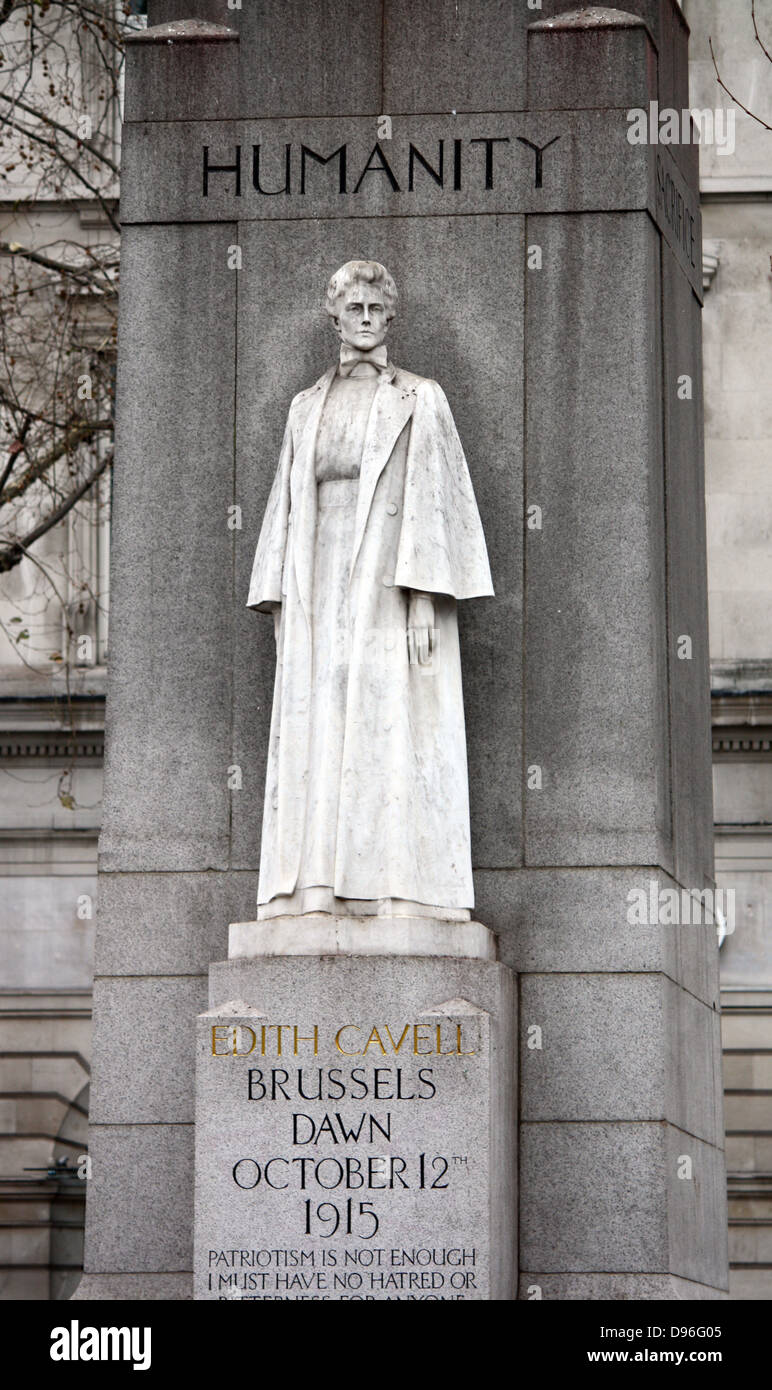 Memorial statue of Edith Cavell, British nurse and patriot. Set at ...