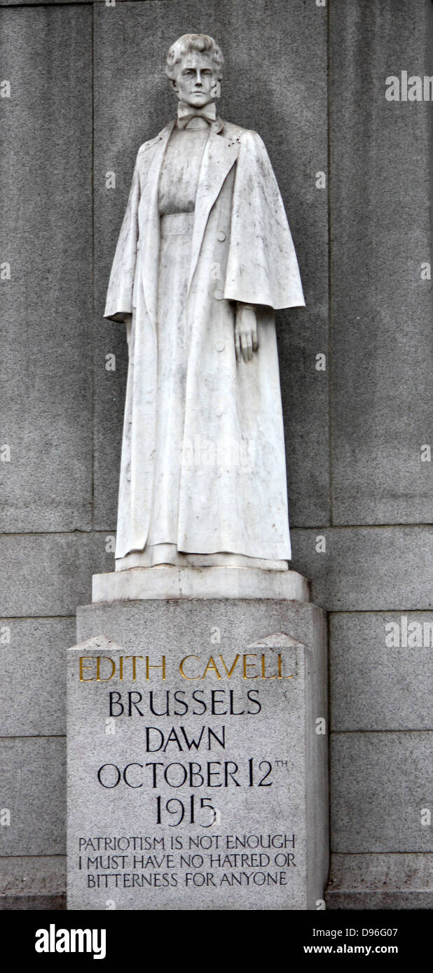Memorial statue of Edith Cavell, British nurse and patriot. Set at ...