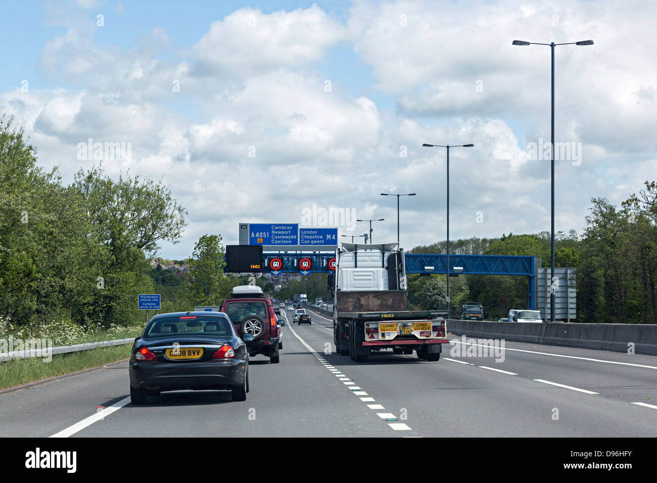 Traffic on the motorway M4 approaching the tunnel at Malpas at Newport ...