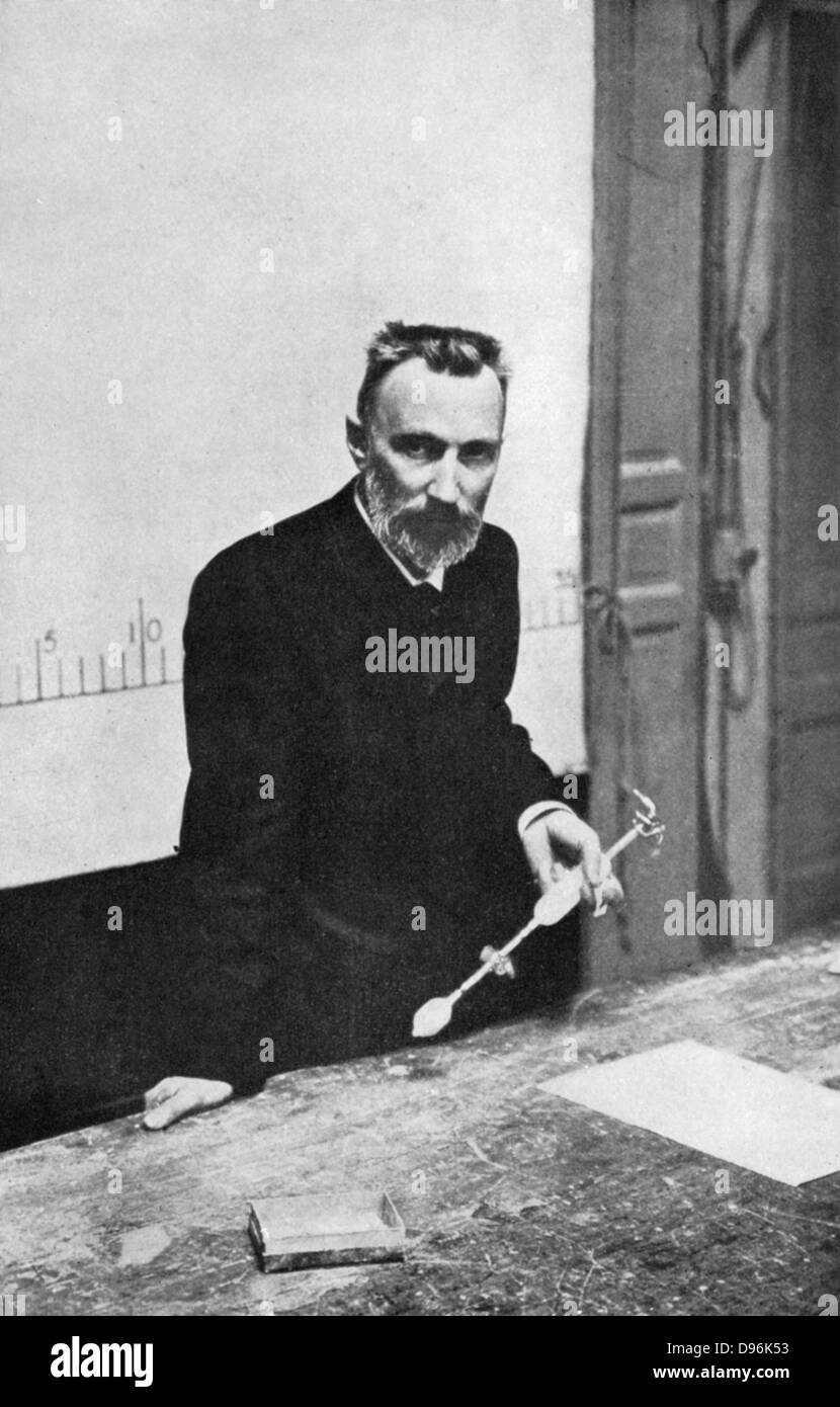 Pierre Curie (1859-1908) French chemist, in the lecture theatre in 1906 ...