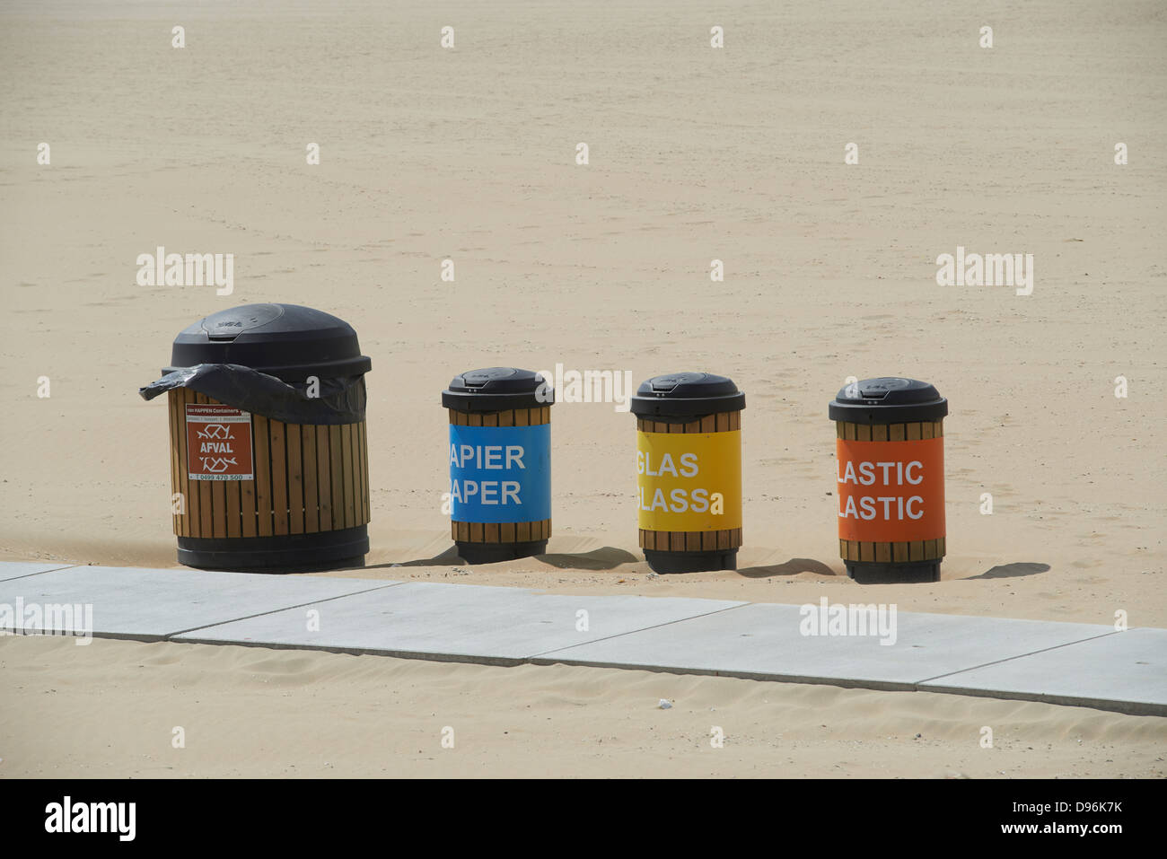Recycling bins on a beach in Scheveningen, Hague, The Netherlands ...