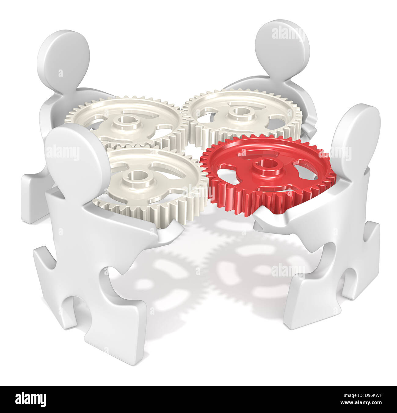 Puzzle People holding Cogwheels. One red Cogwheel Stock Photo - Alamy