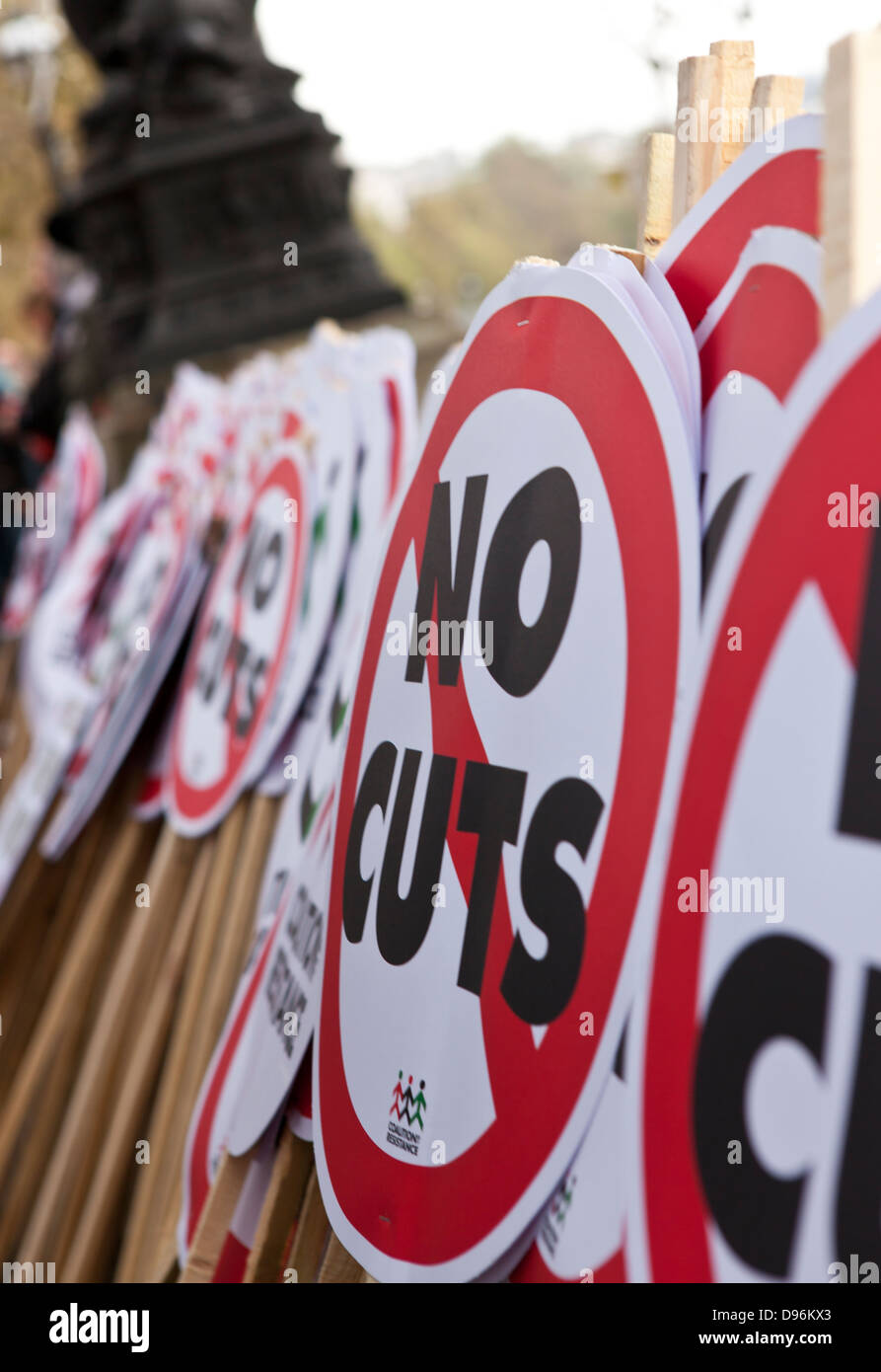 No Cuts signs piled up at protests in London Stock Photo - Alamy