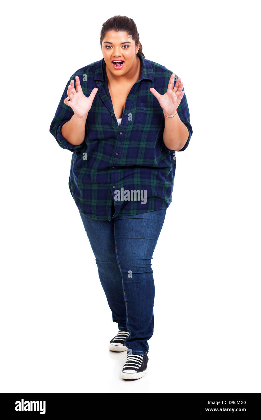 happy large woman looking surprised isolated on white background Stock ...