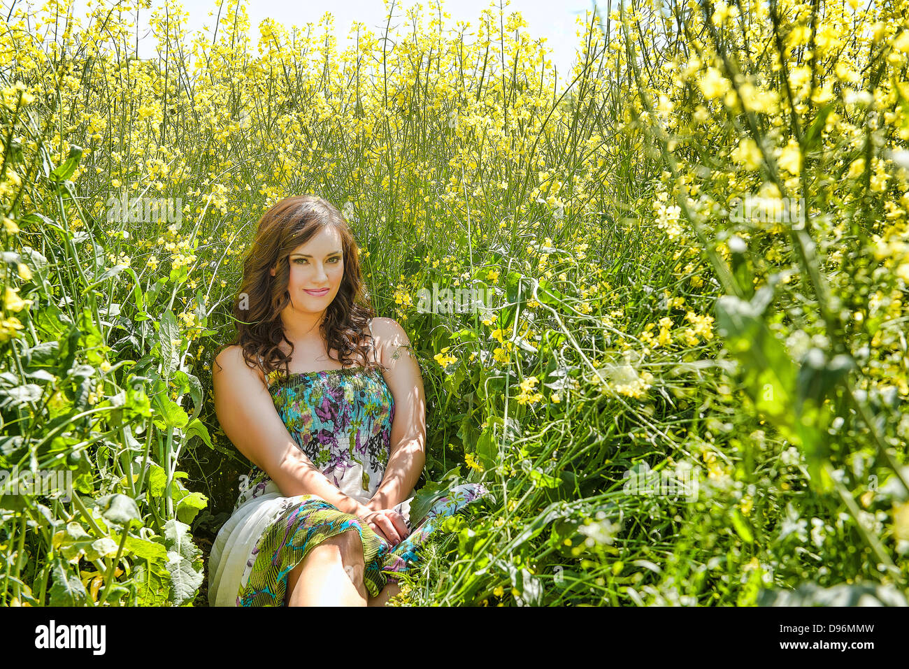 model location shoot rapeseed fields young woman teenager summer ...
