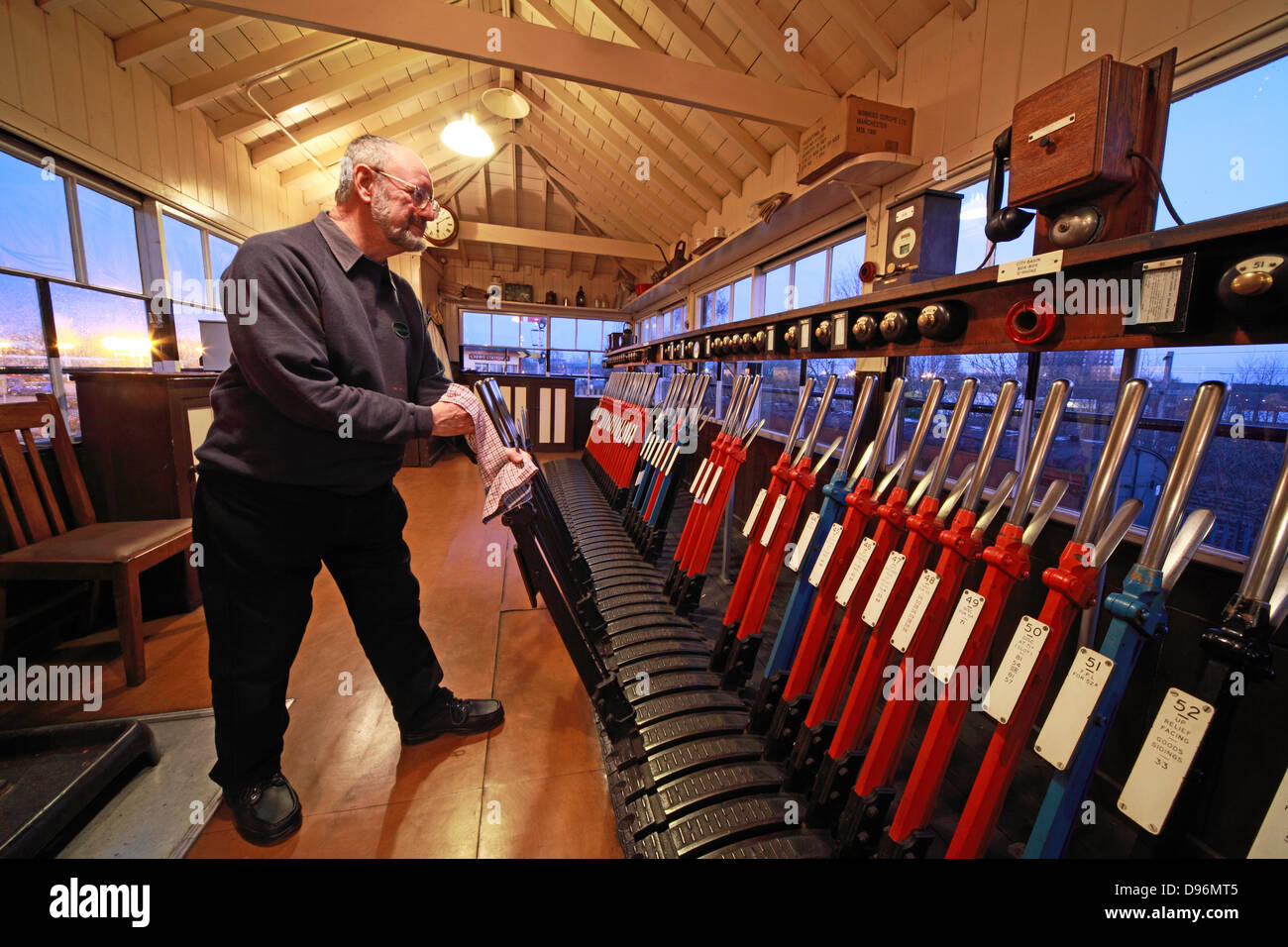 Evening with the levers in the signalbox, Crewe Stock Photo - Alamy