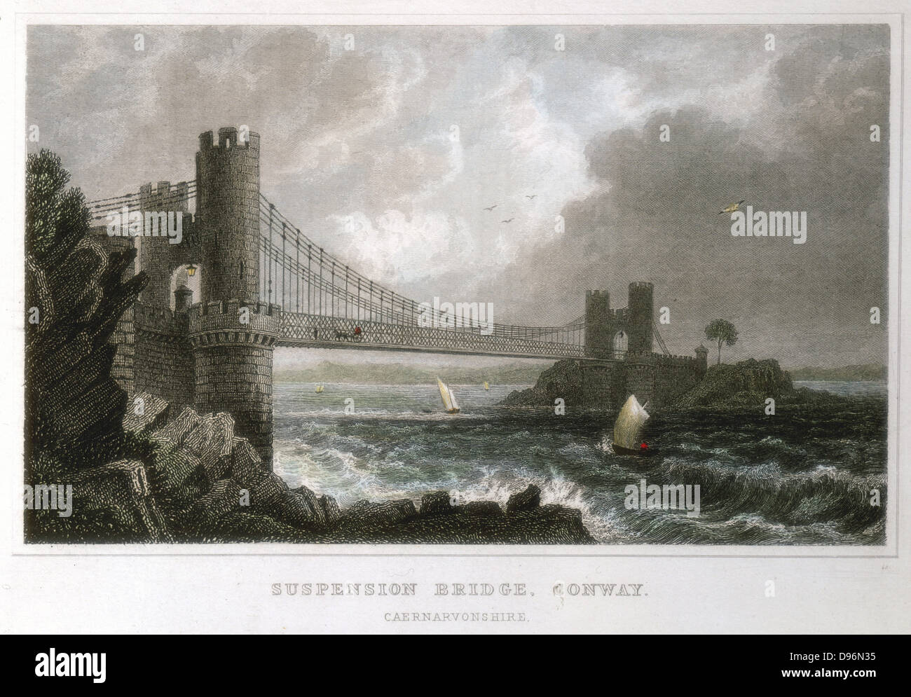 Conwy suspension bridge over Conwy estuary, Wales, part of the great ...