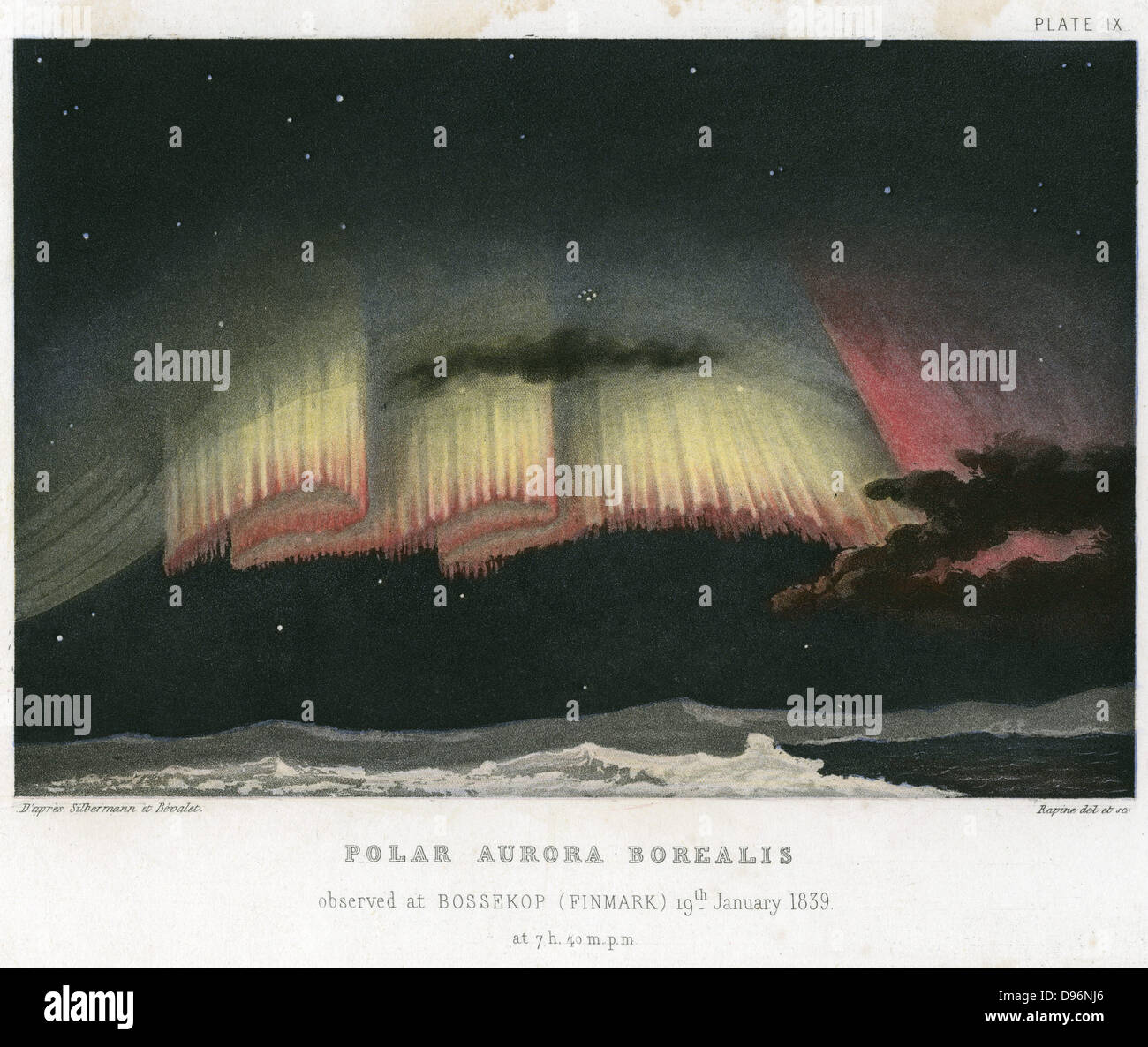 Aurora Borealis or Northern Lights, curtain form 1839. Observation made ...