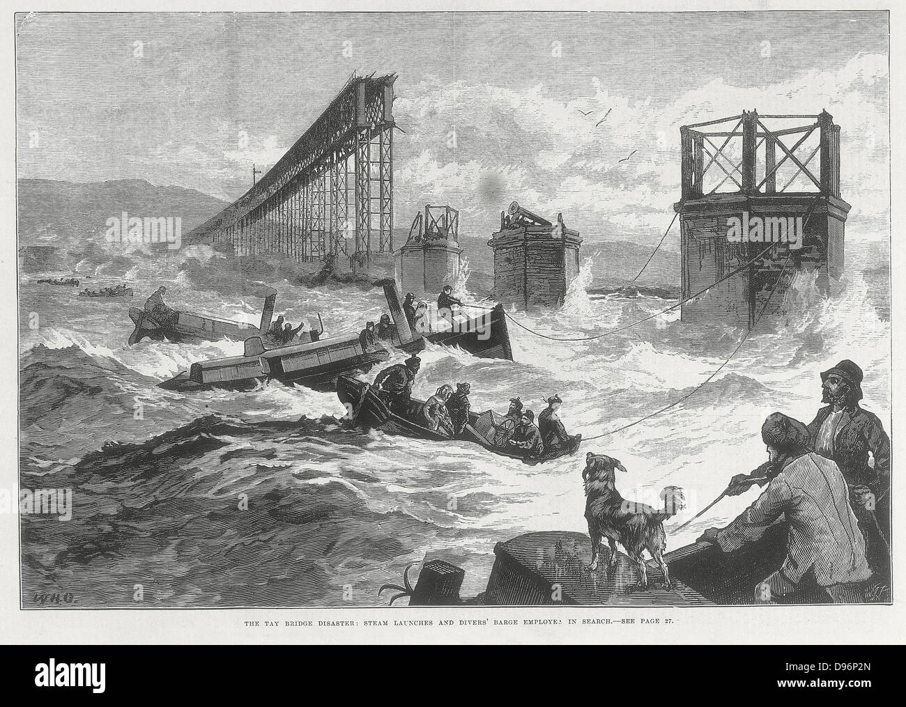 Tay Bridge disaster, 28 December 1879. Steam launches and divers' barge ...