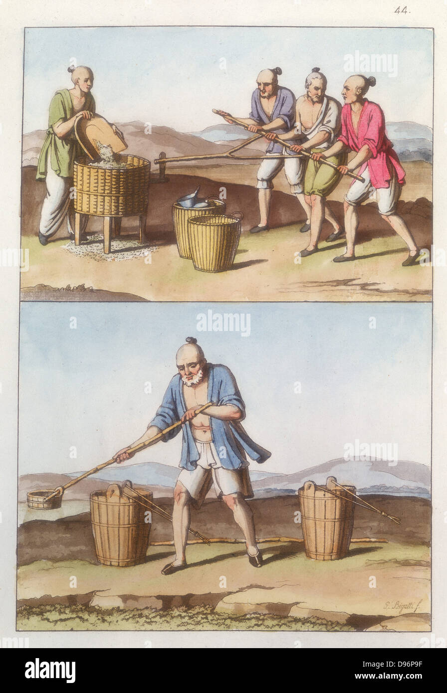 Chinese agriculture, 1825-1835. Top: Husking rice. One person puts ...