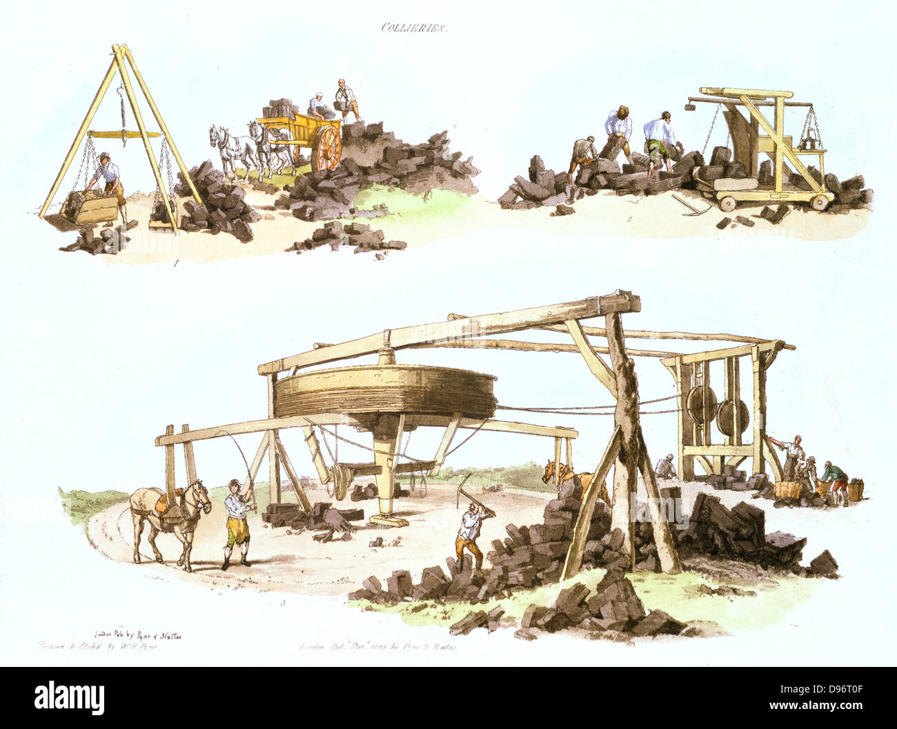 Colliery pit head scenes, including horse whim (bottom) and weighing ...