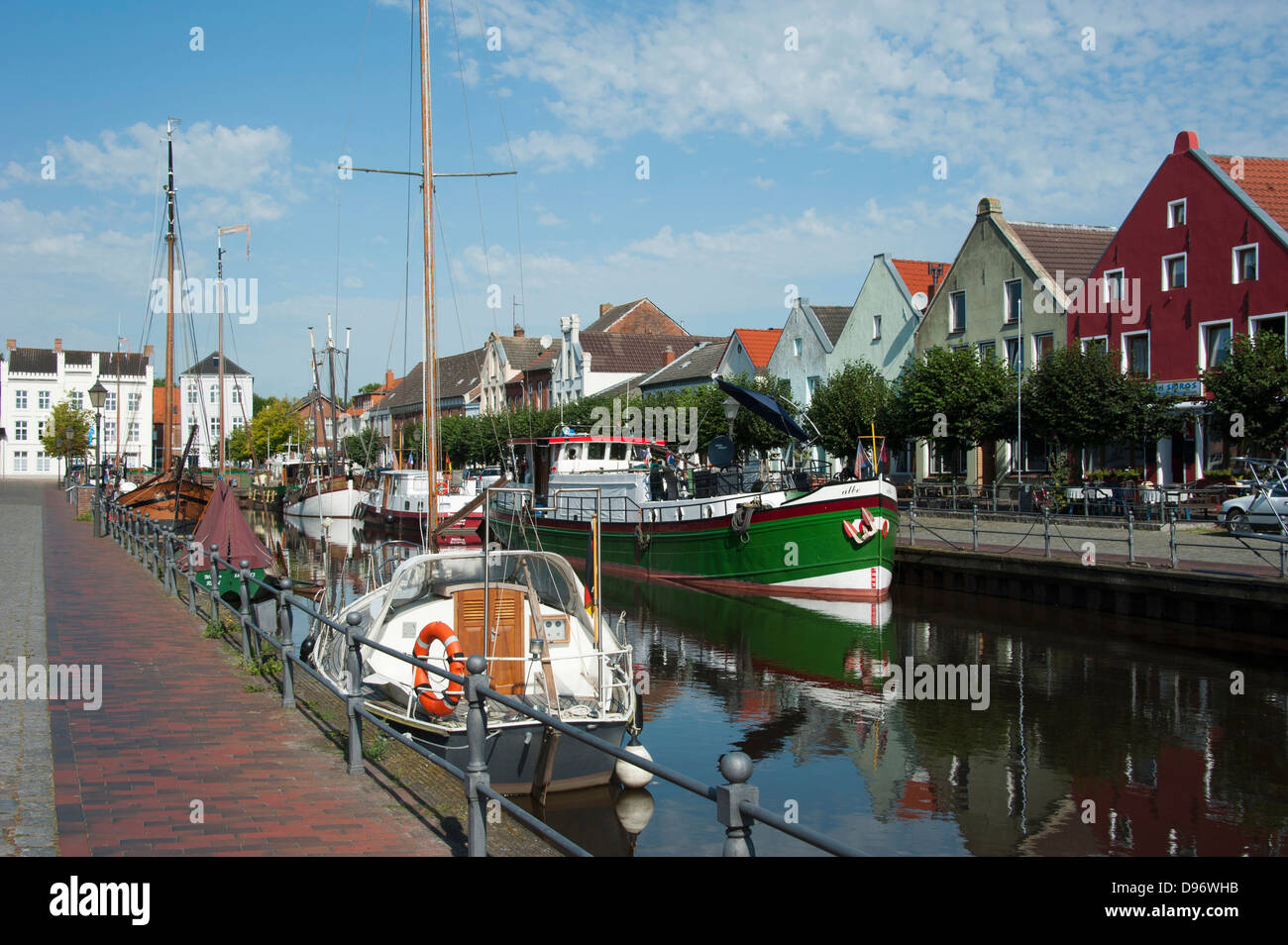 Boats in old harbour, Weener, Eastern Friesland, Lower Saxony, Germany ...