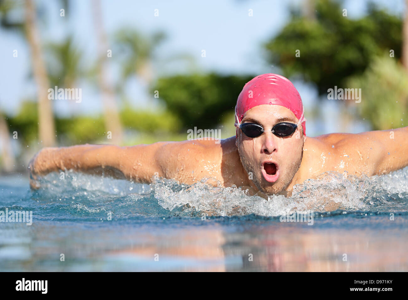Swimmer man swimming butterfly strokes in pool outdoors in summer. Male ...