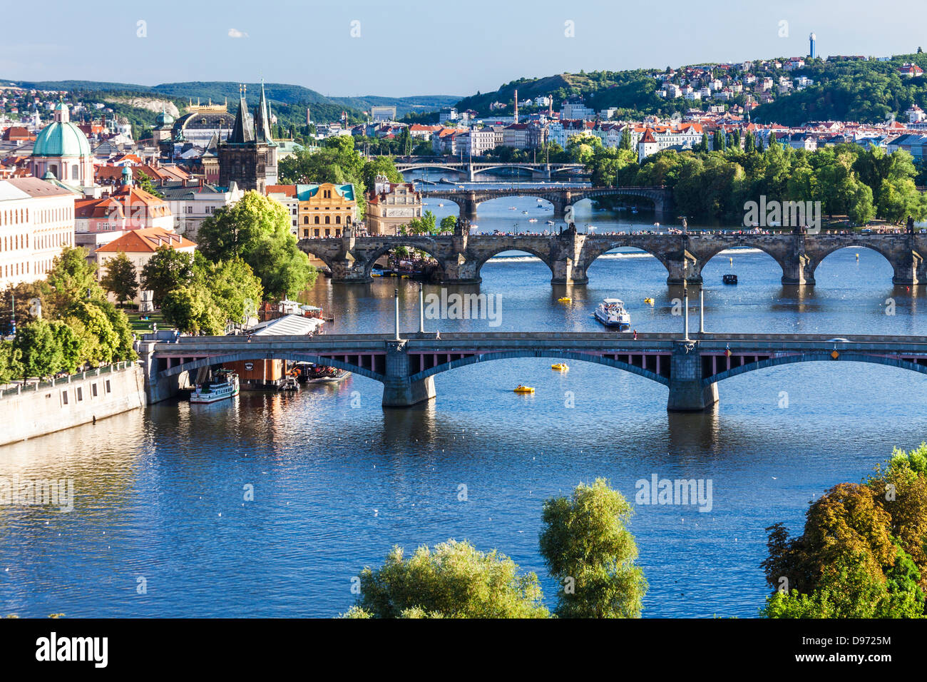View of Prague and bridges over river Vltava (Moldau) Czech Republic. Famous Charles Bridge is ...