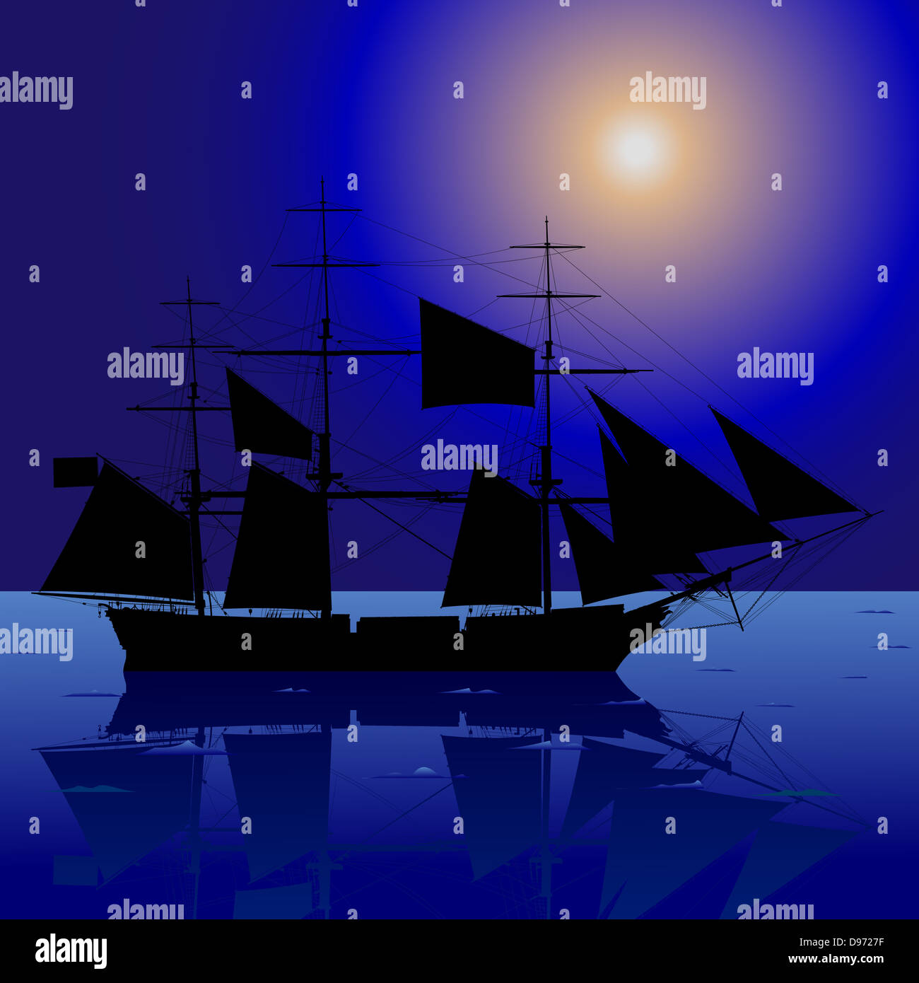 Sailing Ship In The Night Sea Stock Photo - Alamy