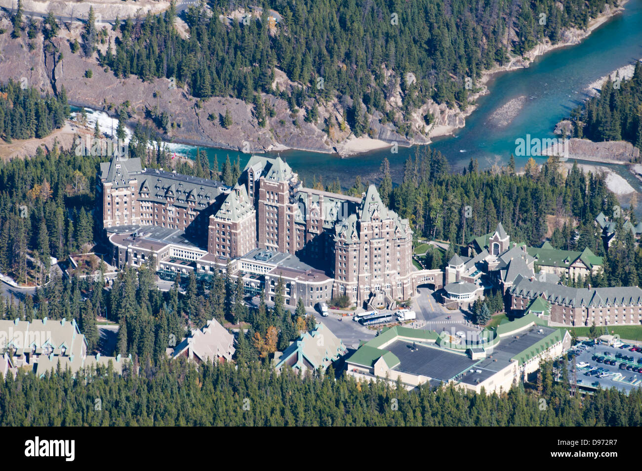 Banff Aerial View, Banff Springs Hotel located beside the river Stock ...