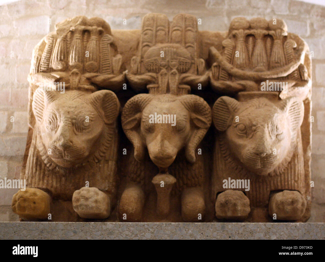 Architrave with two lion gods and the god Ammon as a ram Stock Photo ...