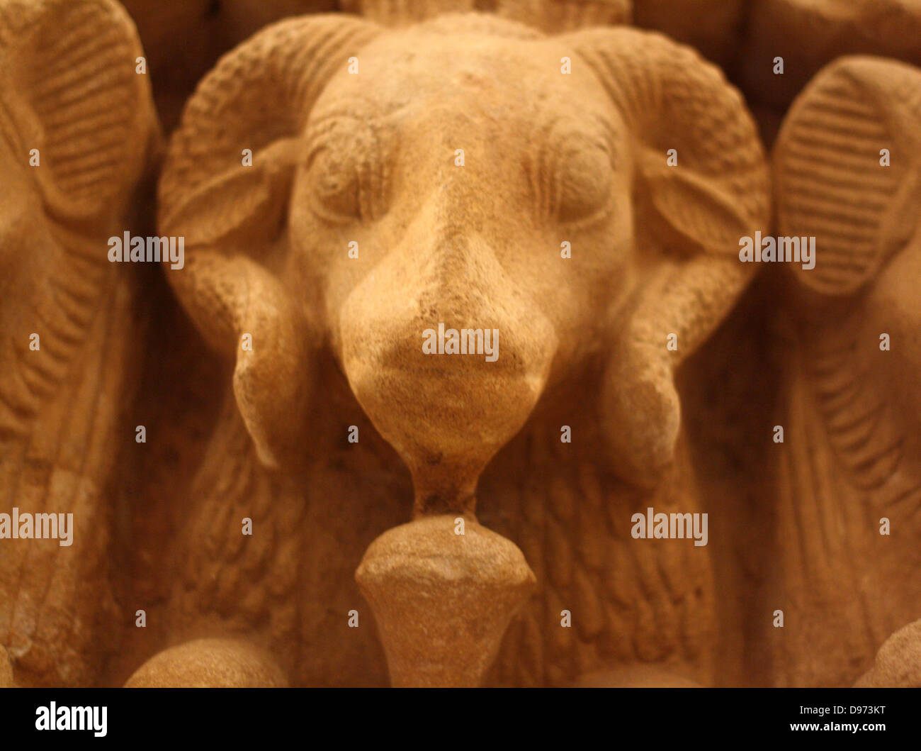 Architrave with two lion gods and the god Ammon as a ram Stock Photo ...