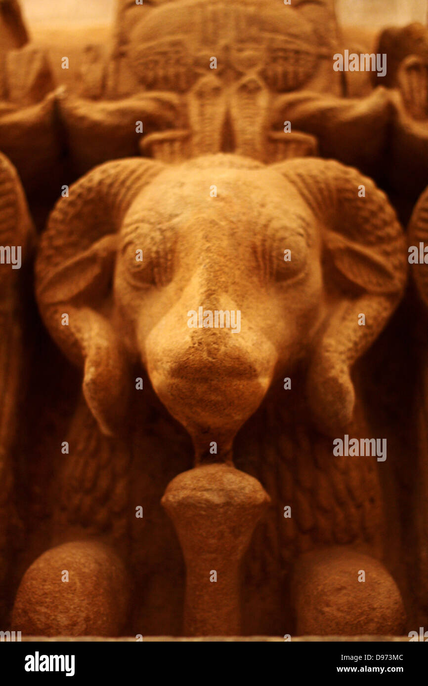 Architrave with two lion gods and the god Ammon as a ram Stock Photo ...