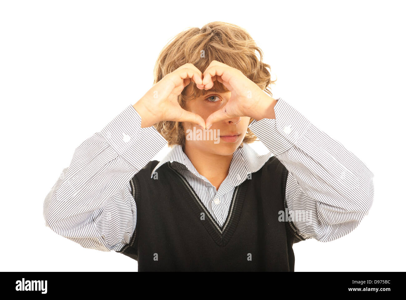 Teen boy heart shape his eye isolated on white background Stock Photo ...