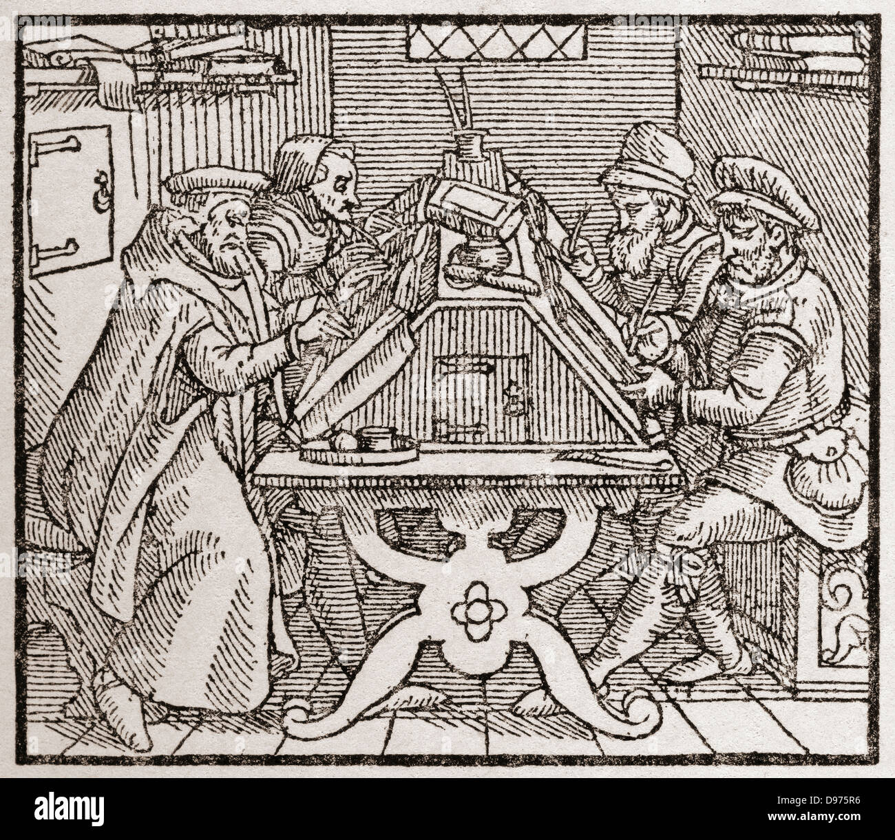 Scribes at work during the Tudor period in England. From a contemporary ...