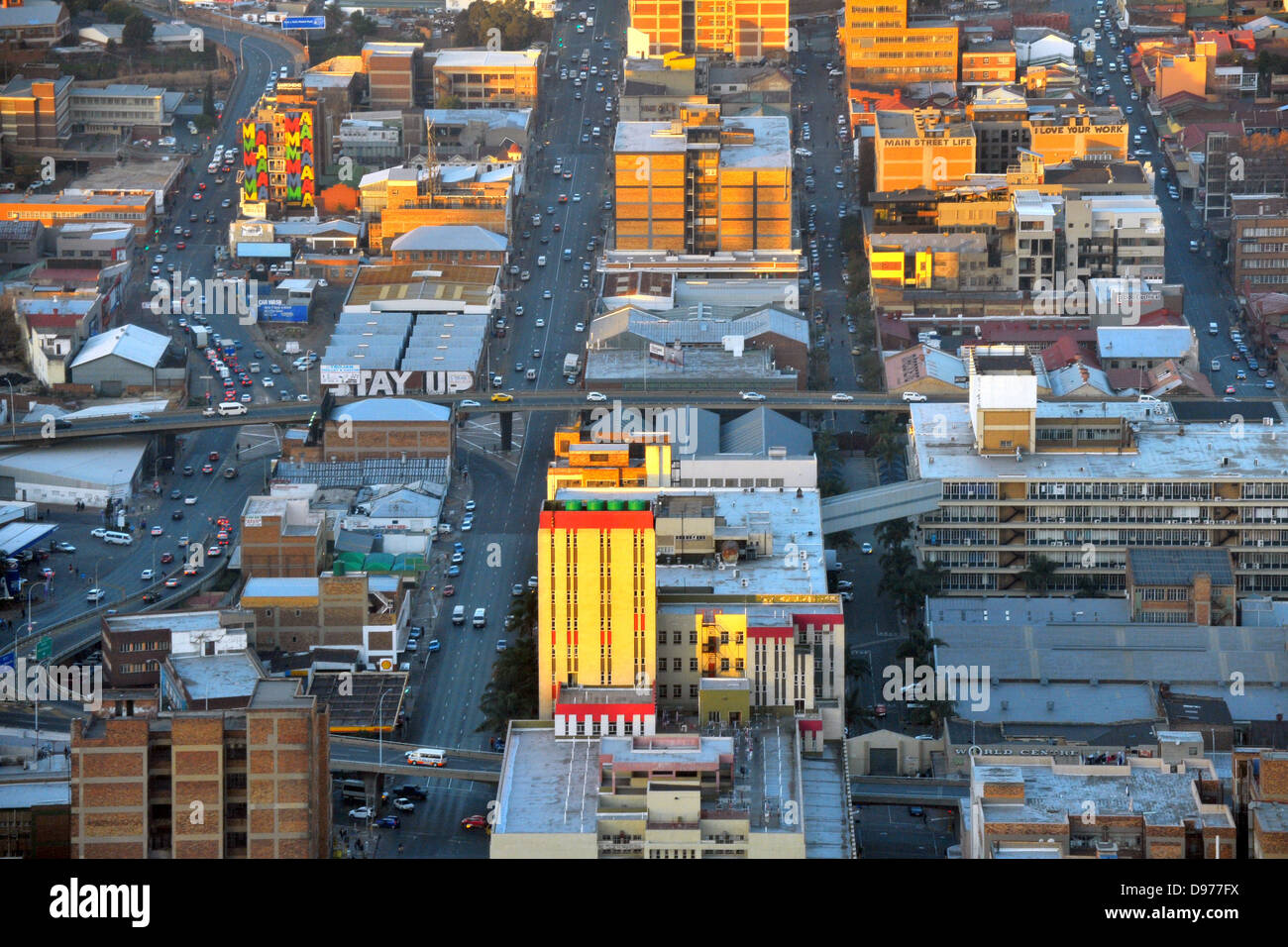 A view of the streets of Johannesburg seen from the top of a tall ...