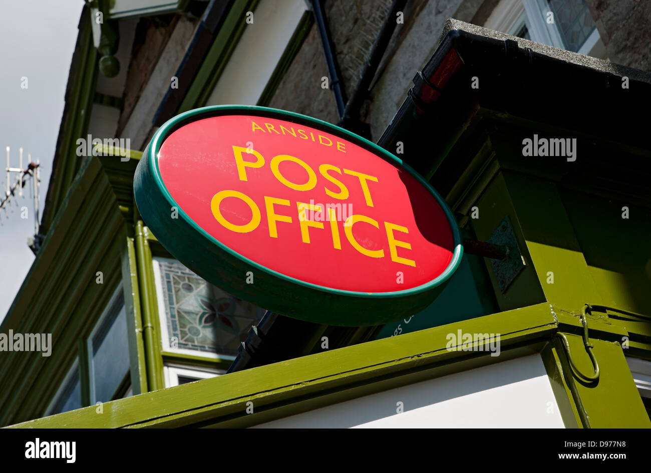 Post Office sign close up signage exterior Arnside village Cumbria ...