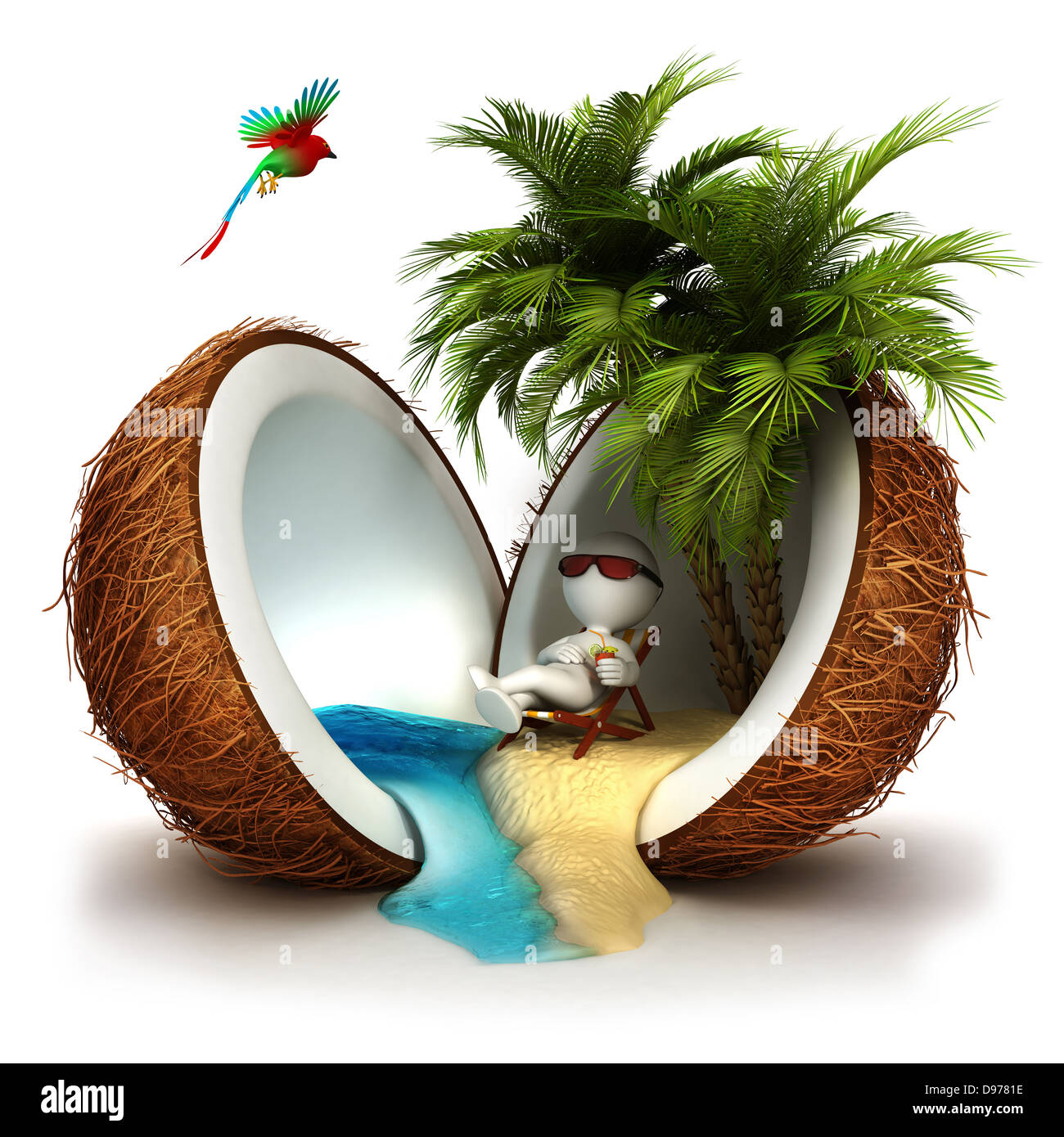 3d white people relaxed in a coconut paradise, isolated white ...