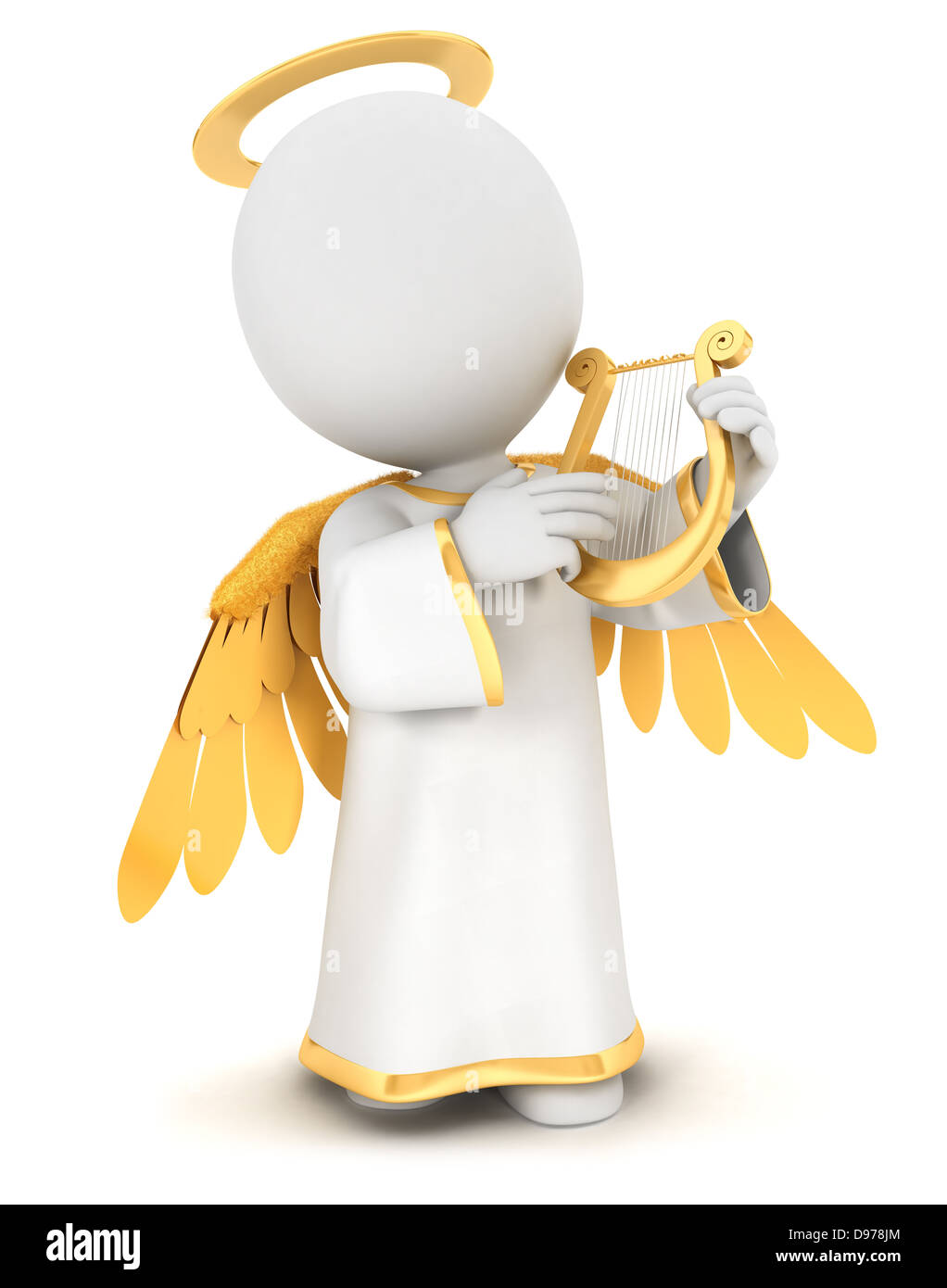 3d white people angel with gold wings and a lyre, isolated white ...