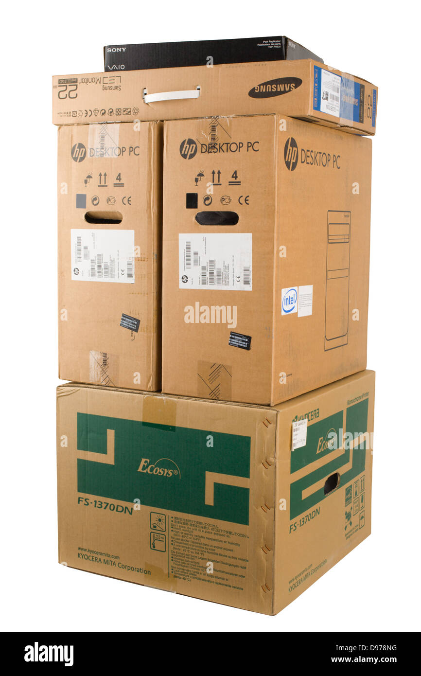 Pile of boxes containing IT equipment Stock Photo - Alamy