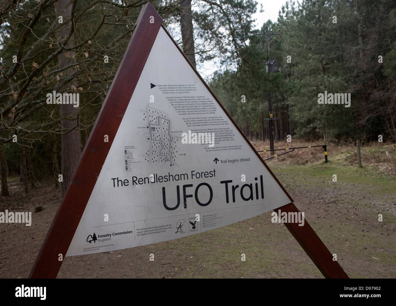 UFO trail sign at Rendlesham Forest, Suffolk, England Stock Photo - Alamy