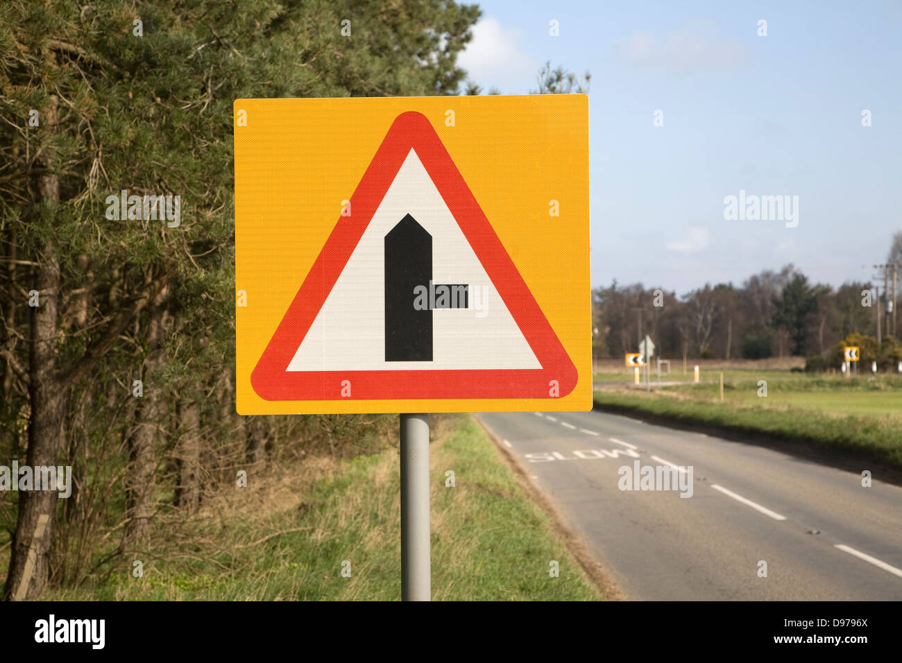 Triangular road sign for right turn junction ahead, Sutton, Suffolk ...