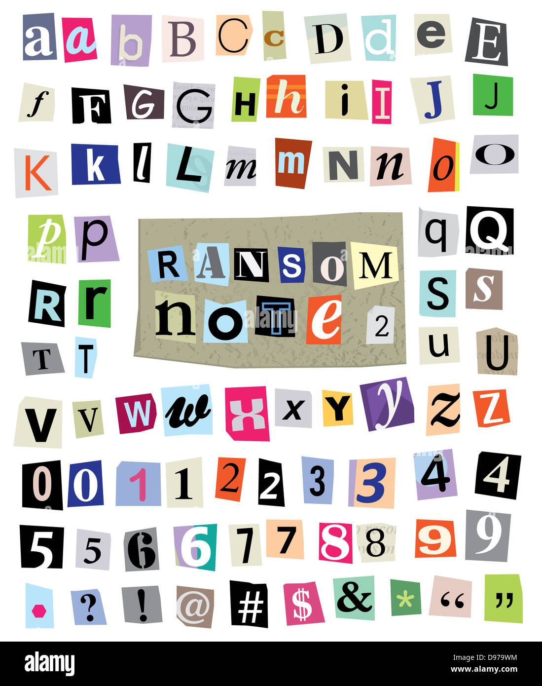 Cut newspaper and magazine letters, numbers, and symbols. Mixed upper ...