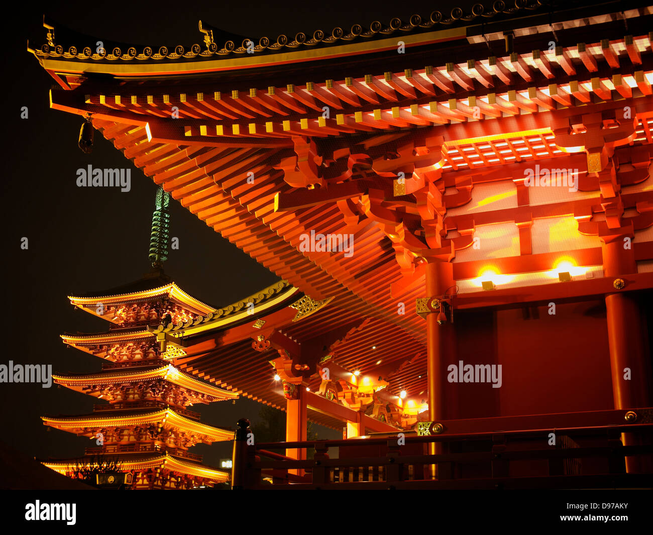 Senso-ji Temple Main Hall and the Pagoda illuminated at night Stock Photo - Alamy