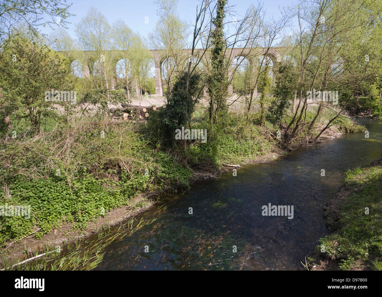 River Colne valley with Victorian railway viaduct, Chapell, Essex ...