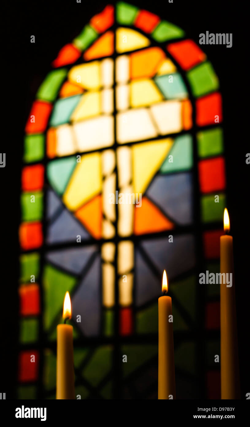 Prayer Candles And Stained Glass Church Window (studio shot Stock Photo ...