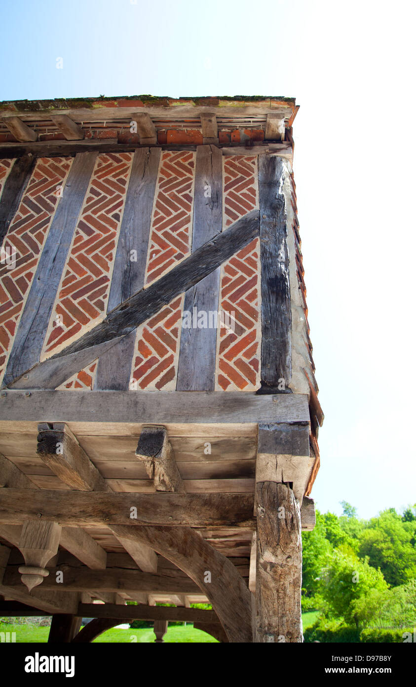 Detail of timber framed & brick built 16th century market hall Stock ...