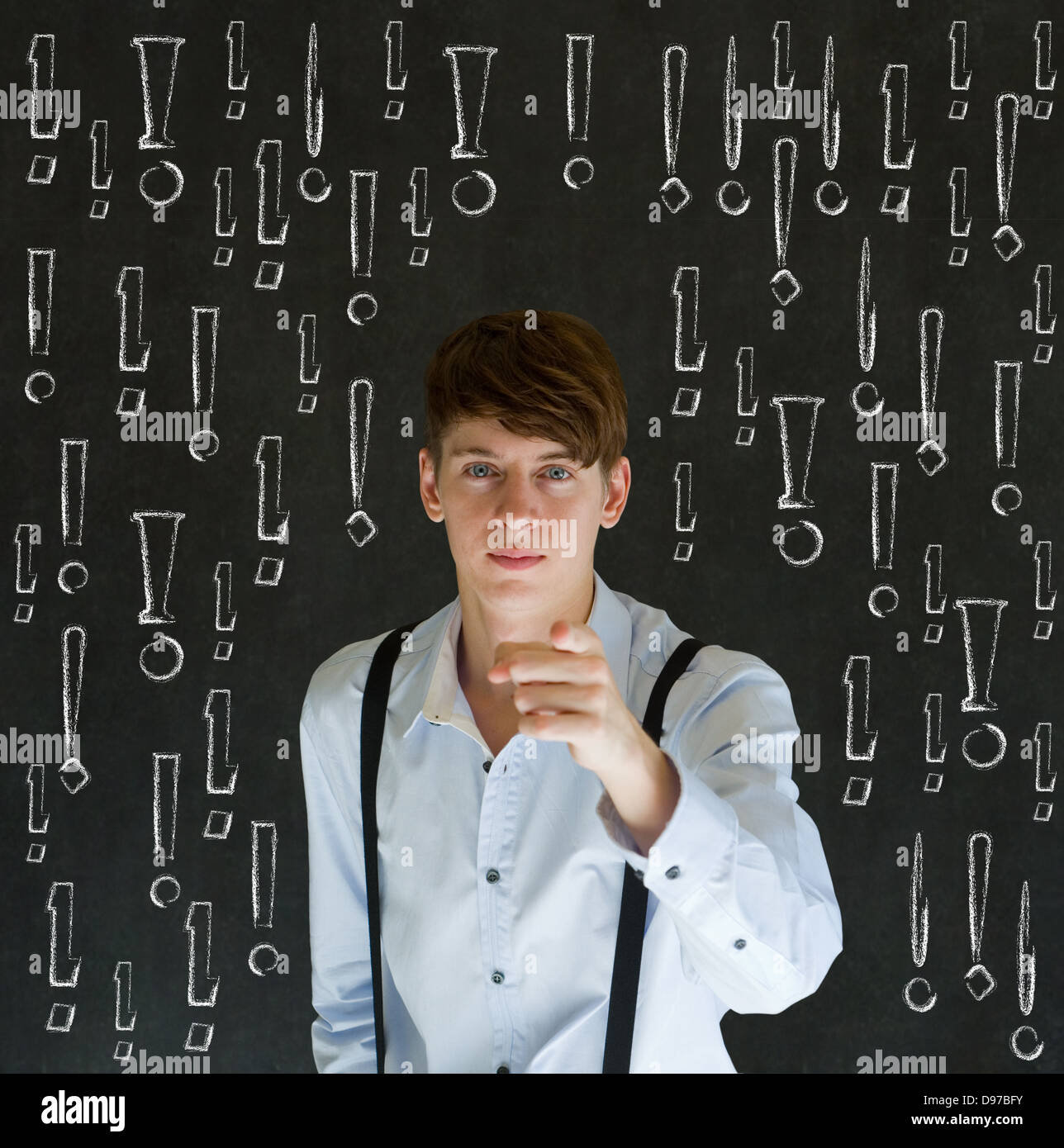 Thinking business man with chalk exclamation marks on blackboard ...