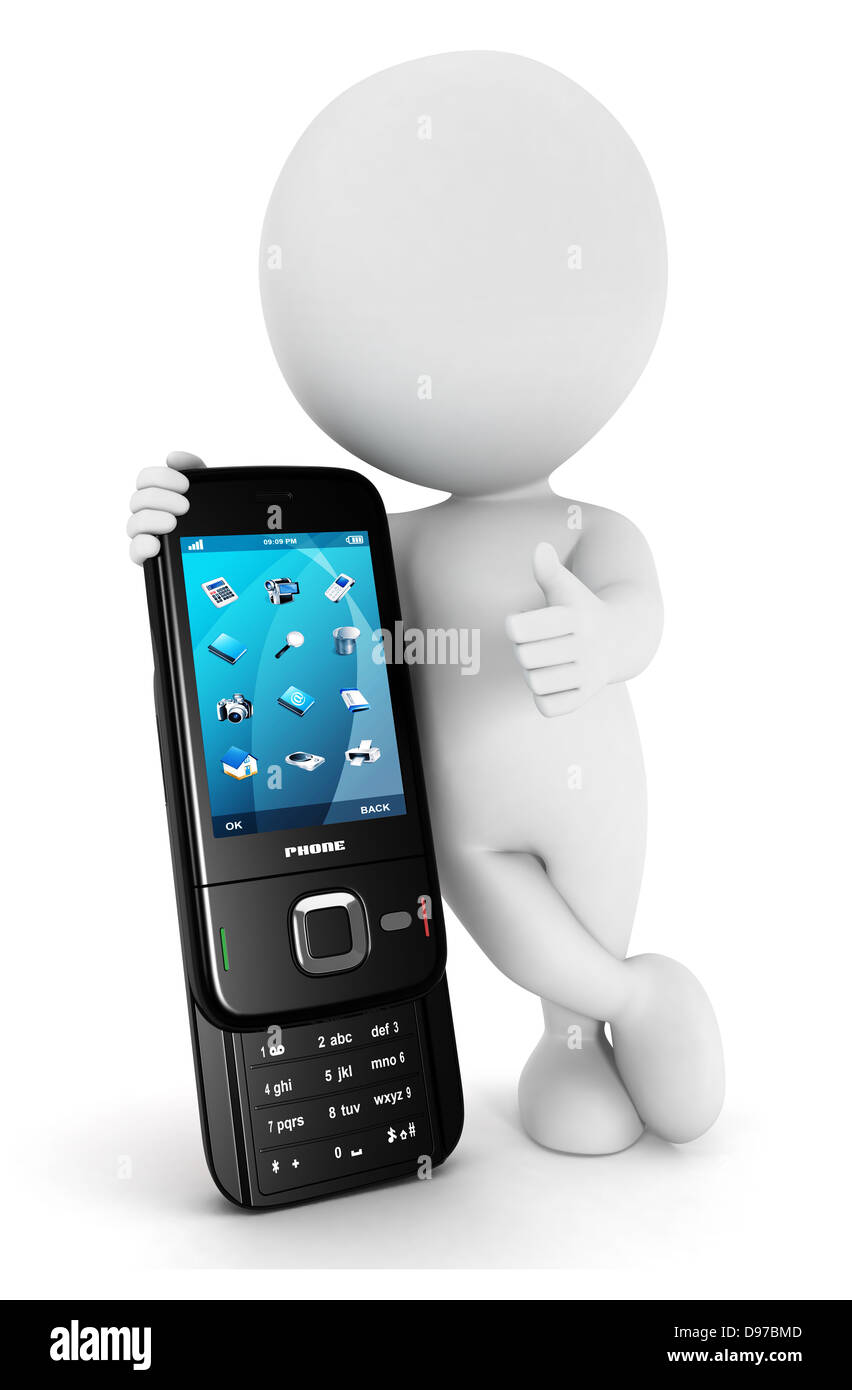 3d white people loves mobile phone in a positive pose with thumb up ...