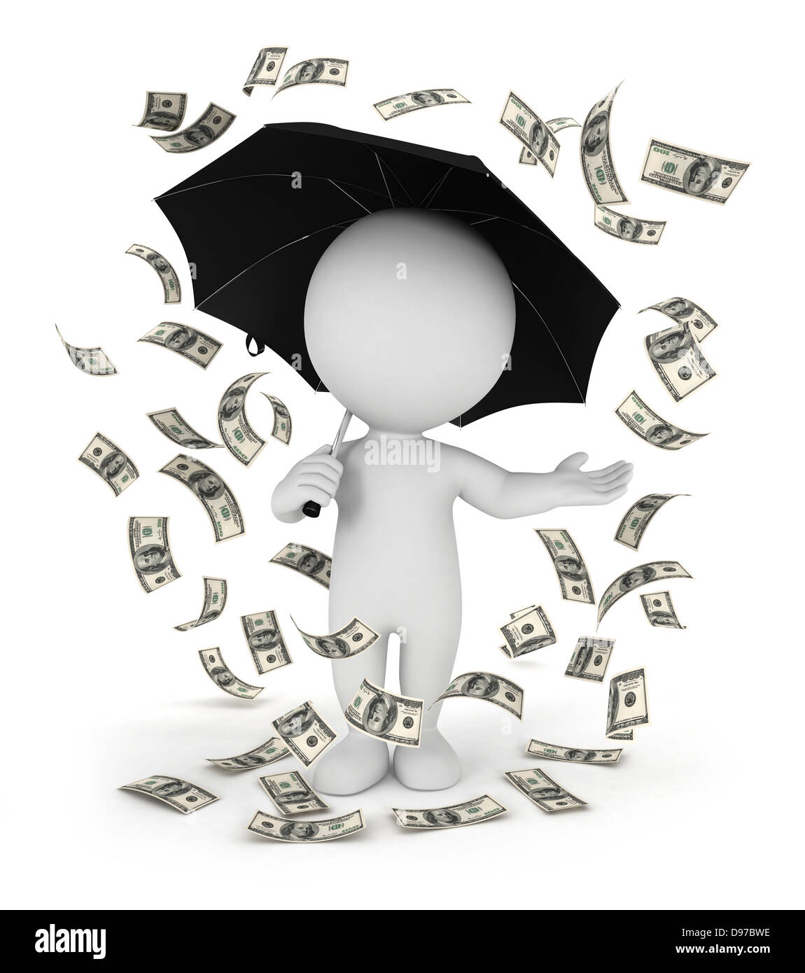 3d white people money rain with an umbrella, isolated white background ...