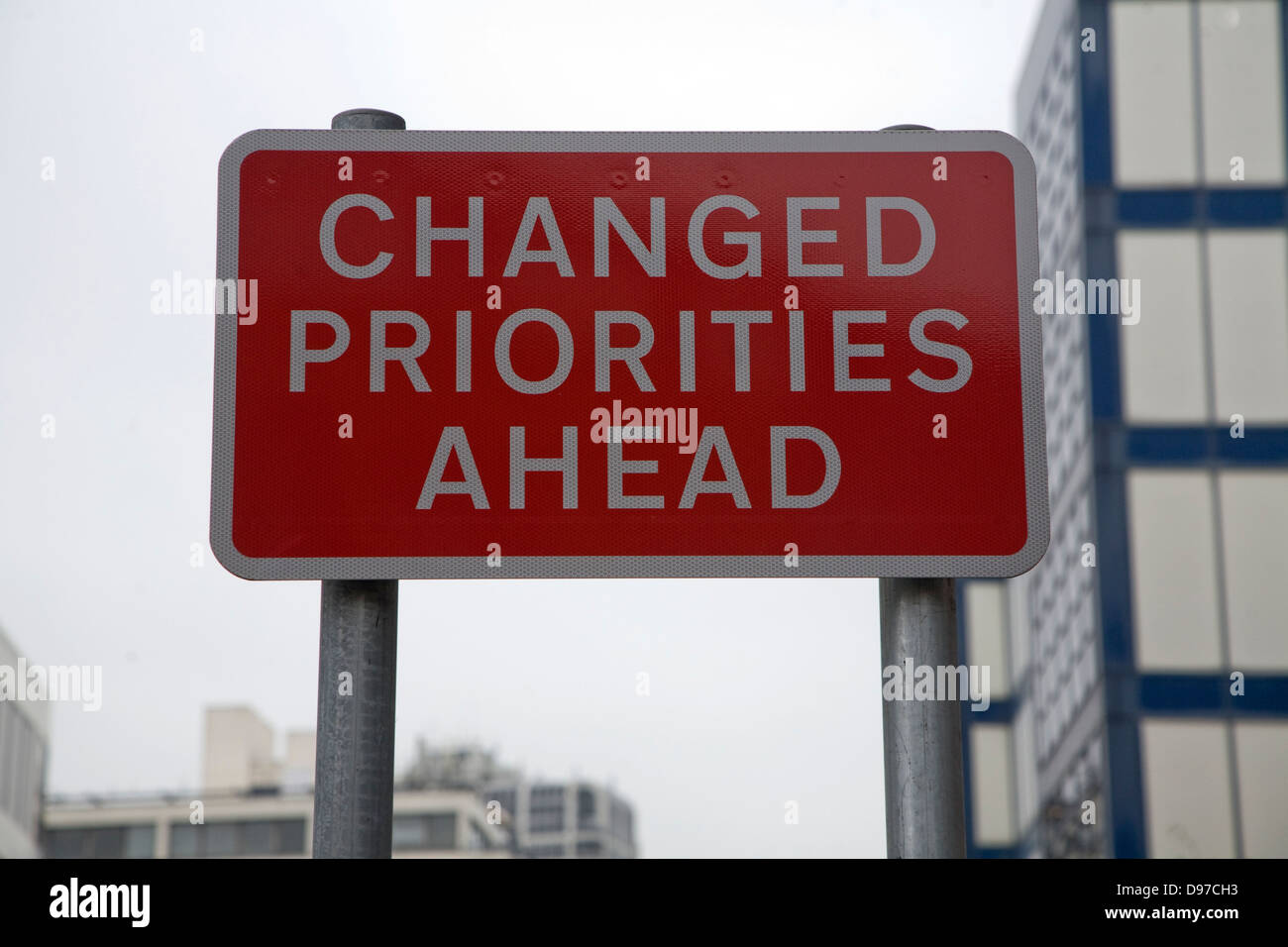 Sign for Changed Priorities Ahead Swindon, Wiltshire, England, UK Stock ...