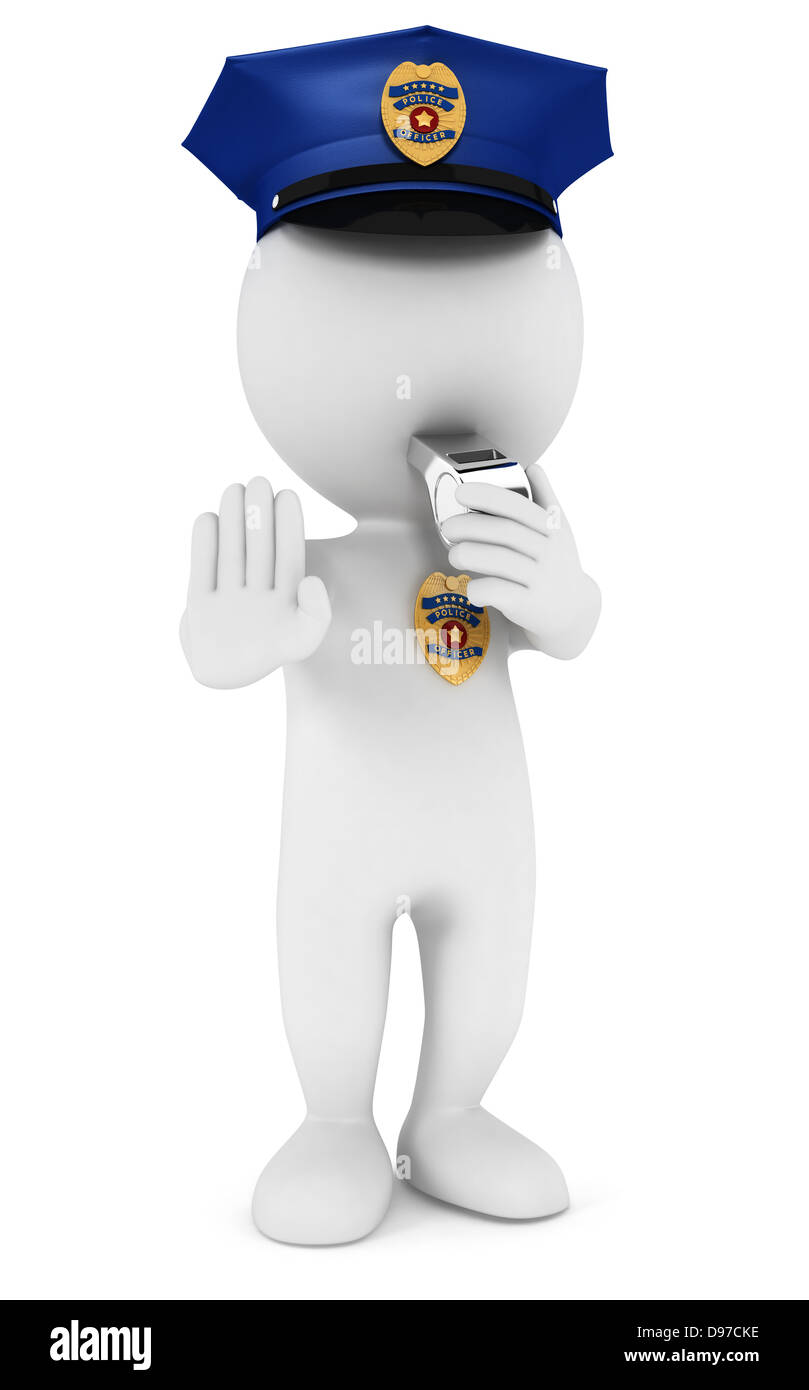 3d white people policeman stop sign with a whistle, isolated white ...